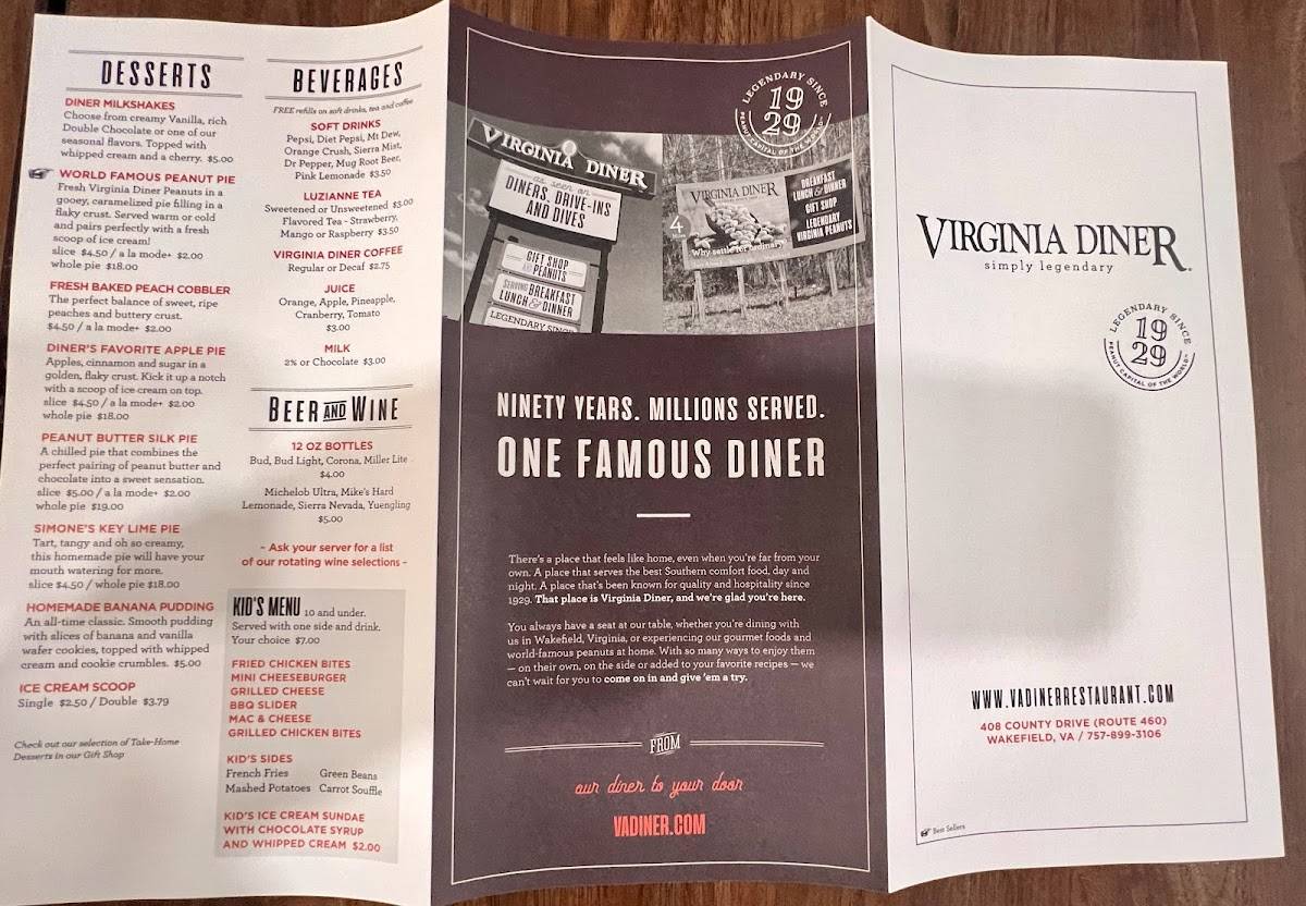 Menu at Virginia Diner restaurant, Wakefield, 408 County Dr