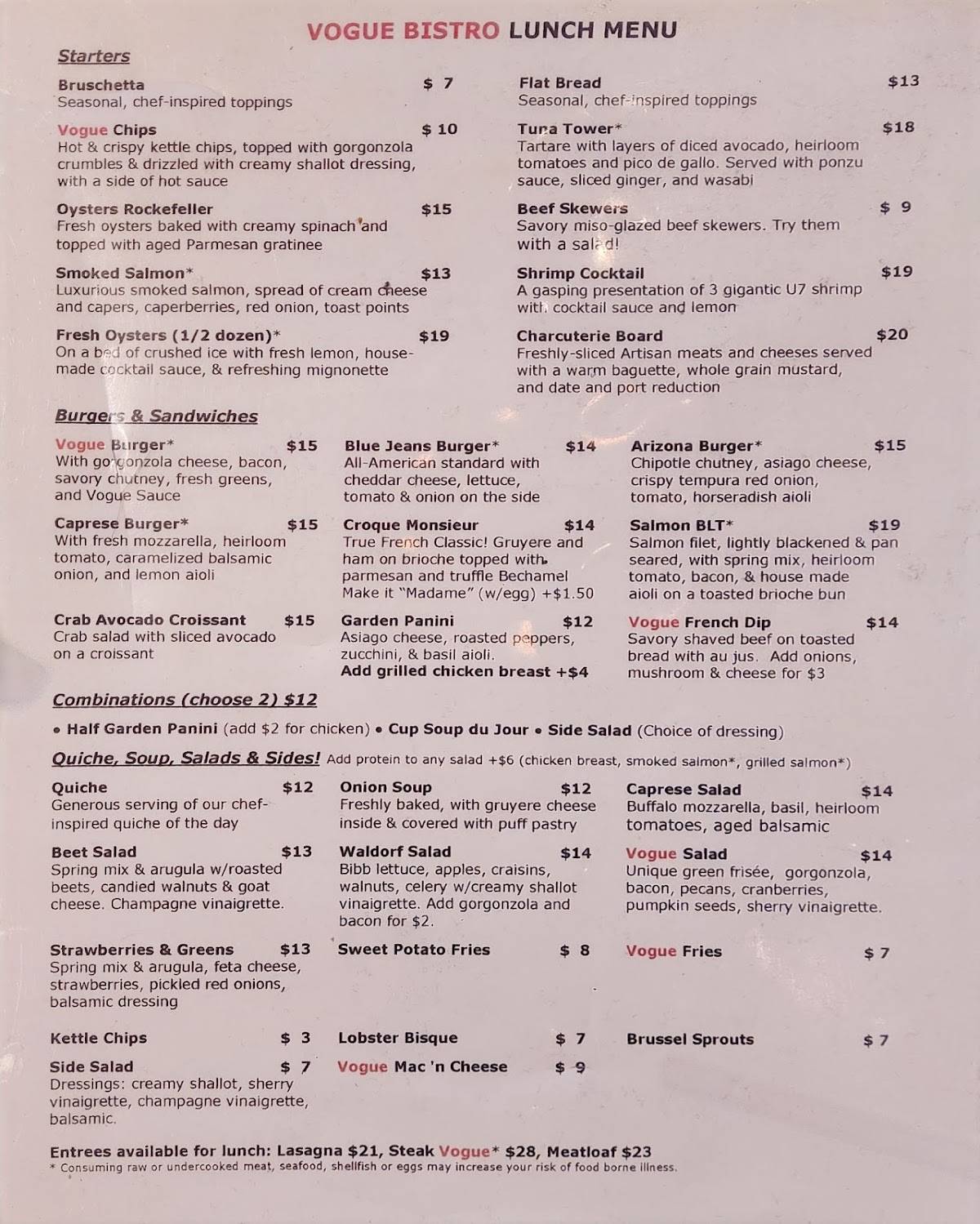 Menu at Vogue Bistro restaurant, Surprise, W Waddell Rd