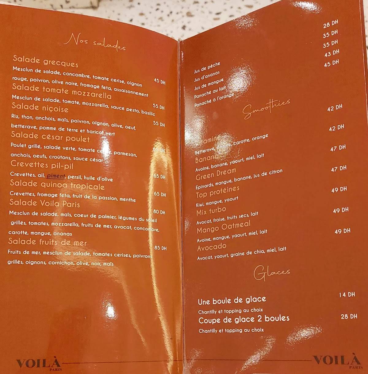 Menu at Voilà Paris restaurant, El Jadida