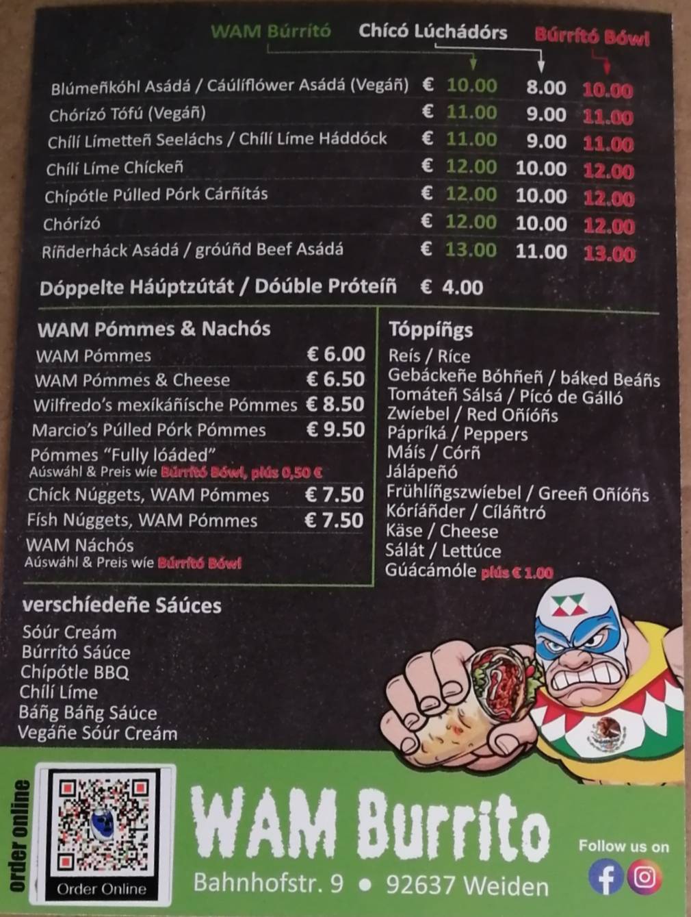 Speisekarte von Restaurant WAM Burrito, Weiden in der Oberpfalz