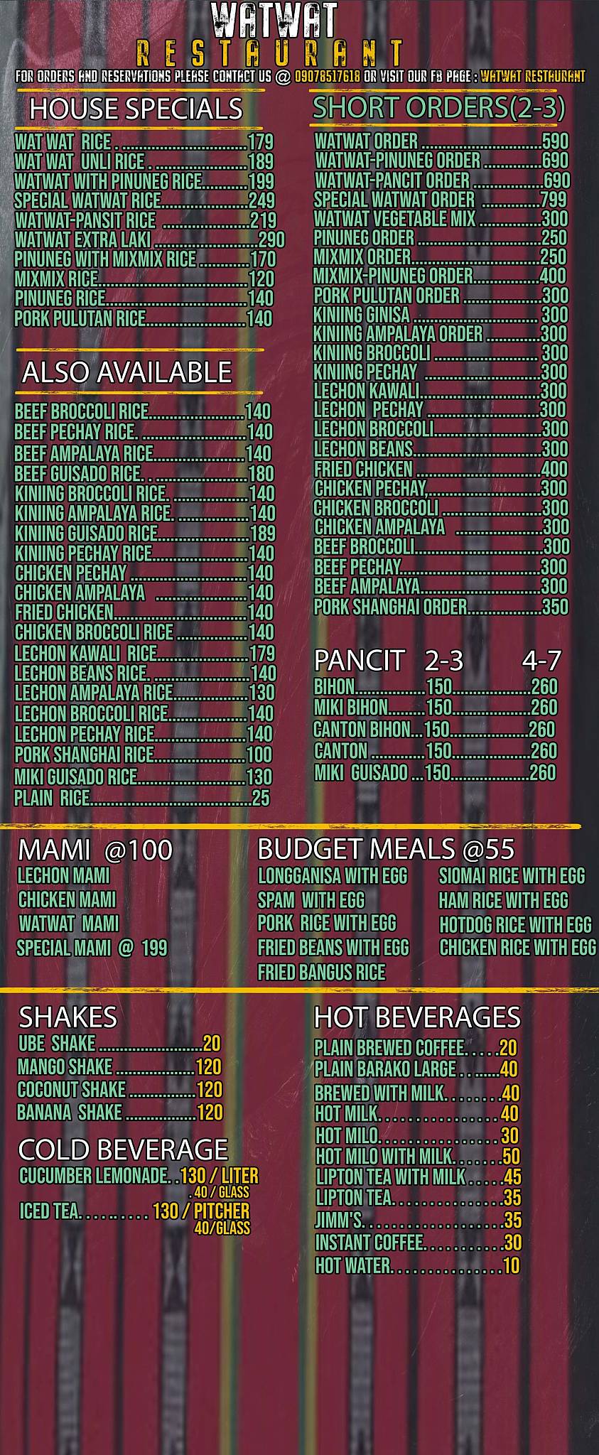 Menu at WAT WAT Restaurant, La Trinidad