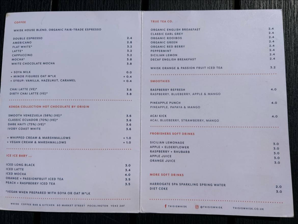 Menu at WHISK cafe, Pocklington