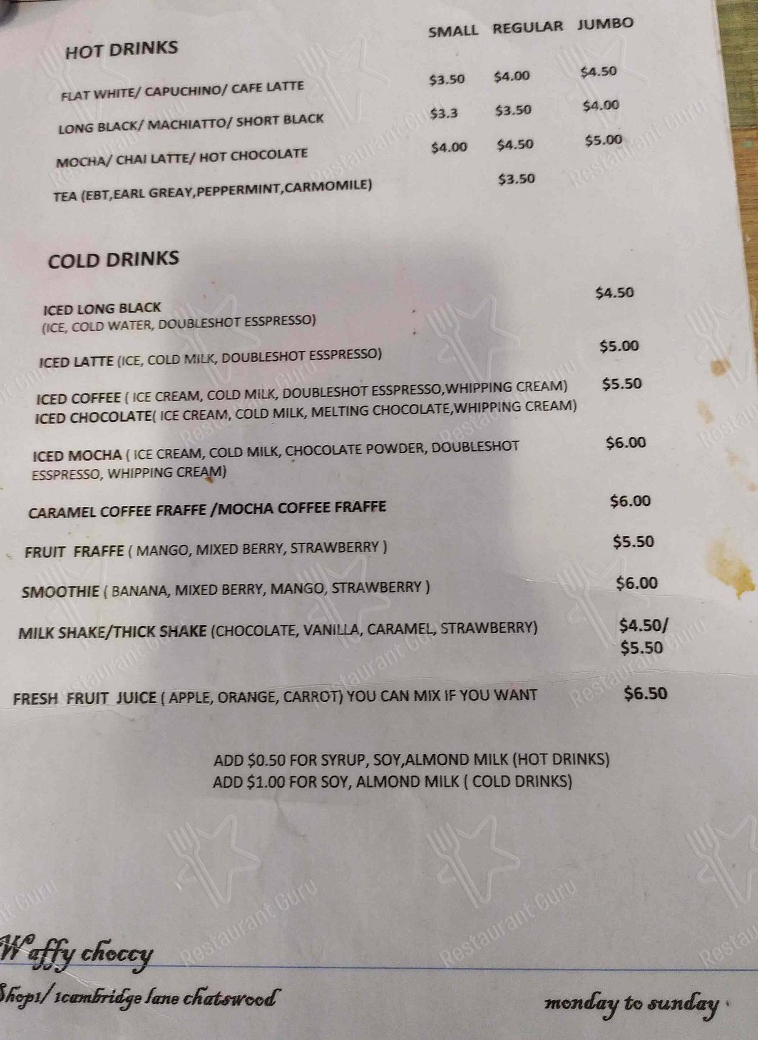 Menu at Cambridge Cafe, Chatswood