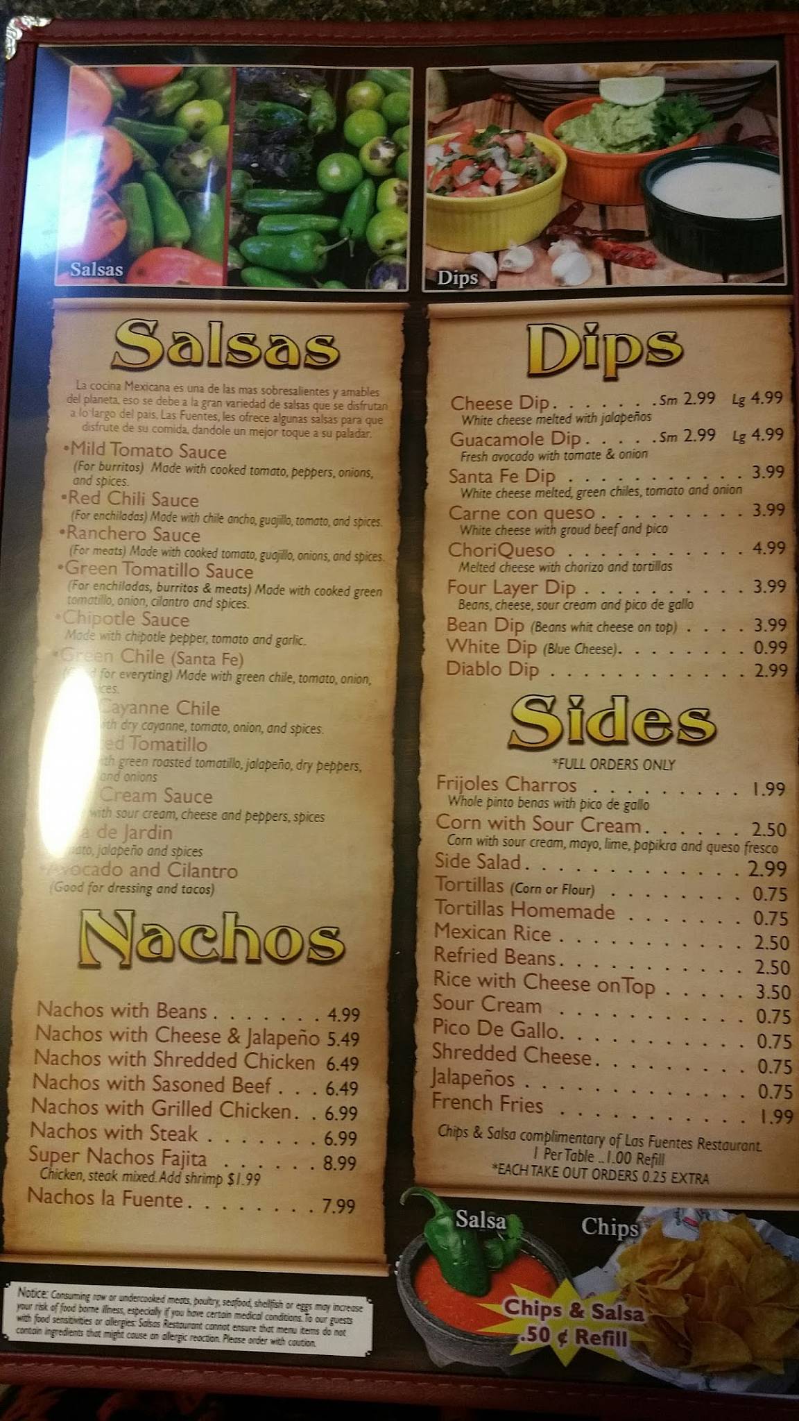 Menu at Las Fuentes Mexican Restaurant, Wagoner