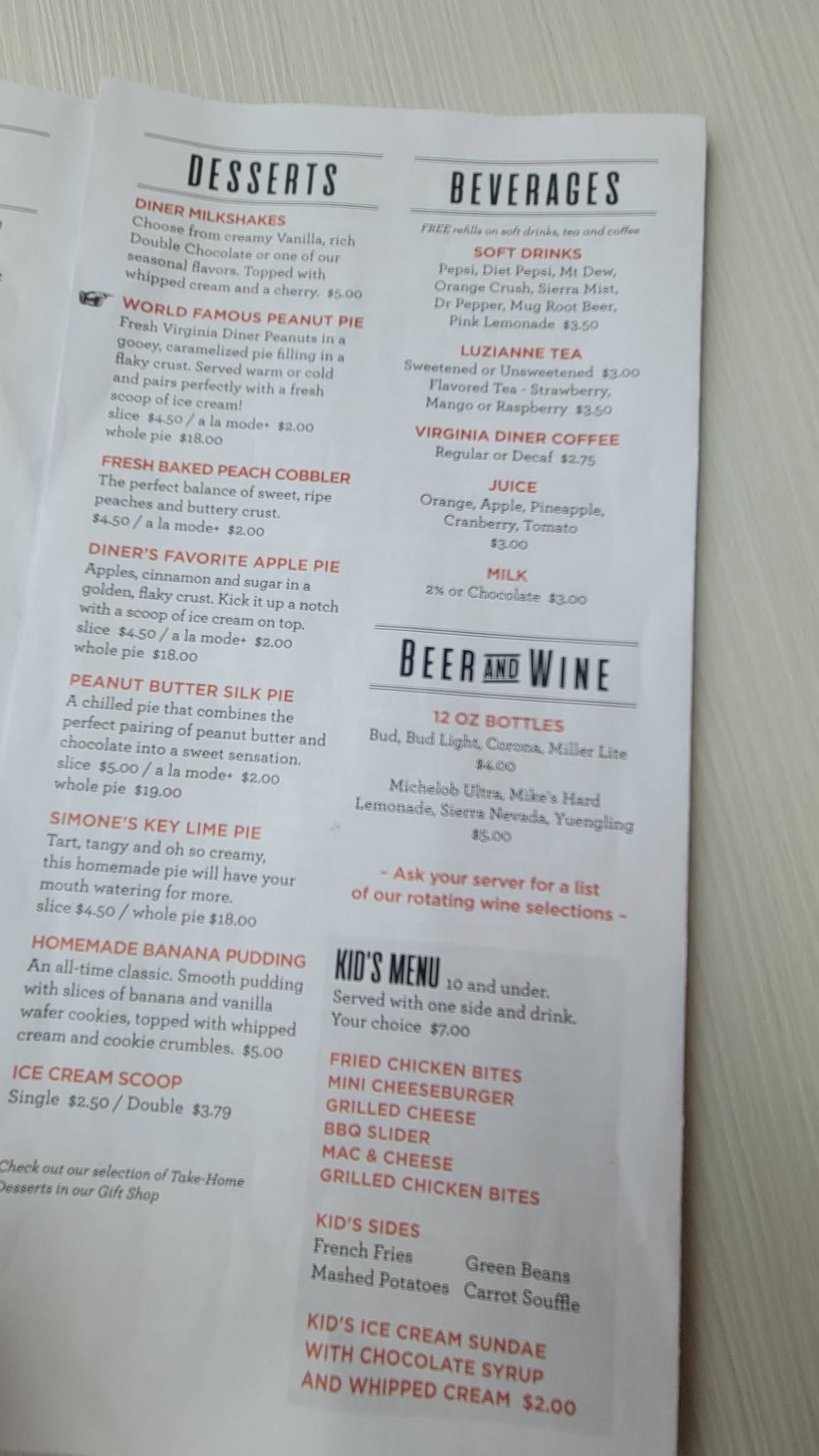 Menu at Virginia Diner restaurant, Wakefield, 408 County Dr