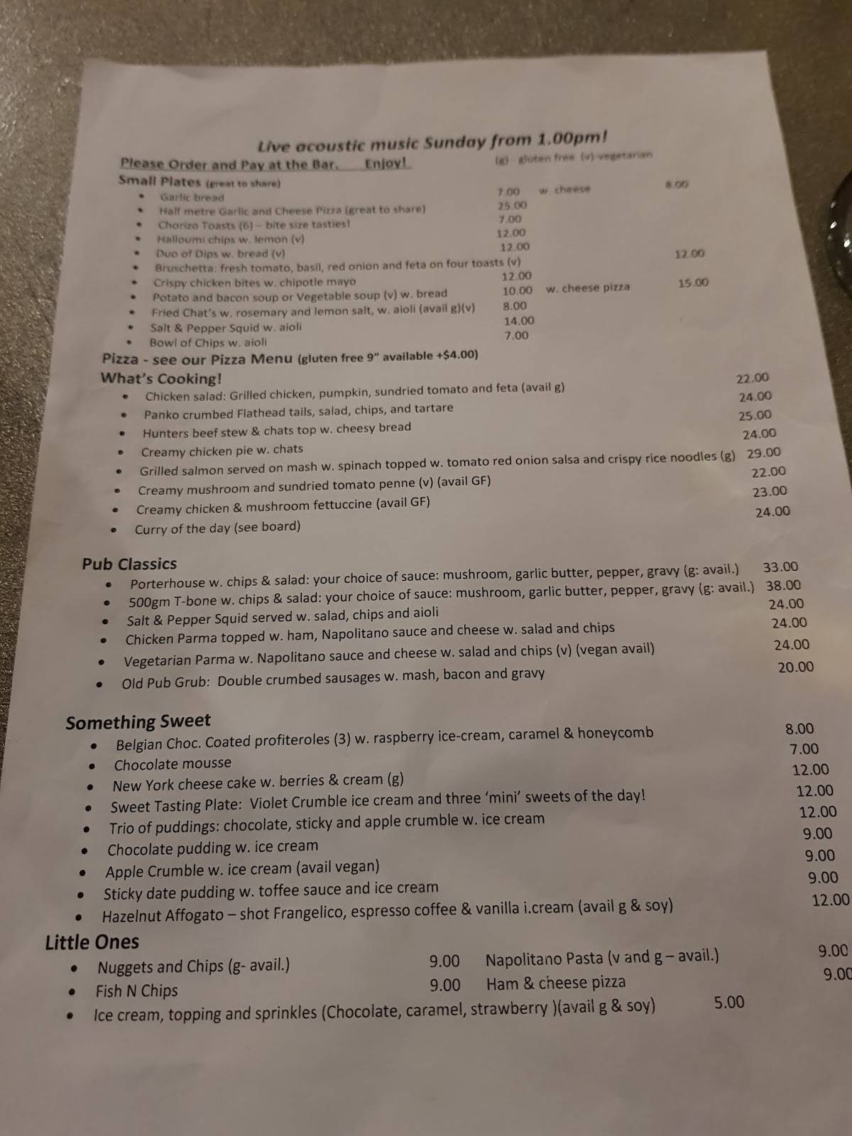 Menu at Wallace Hotel pub & bar, Wallace