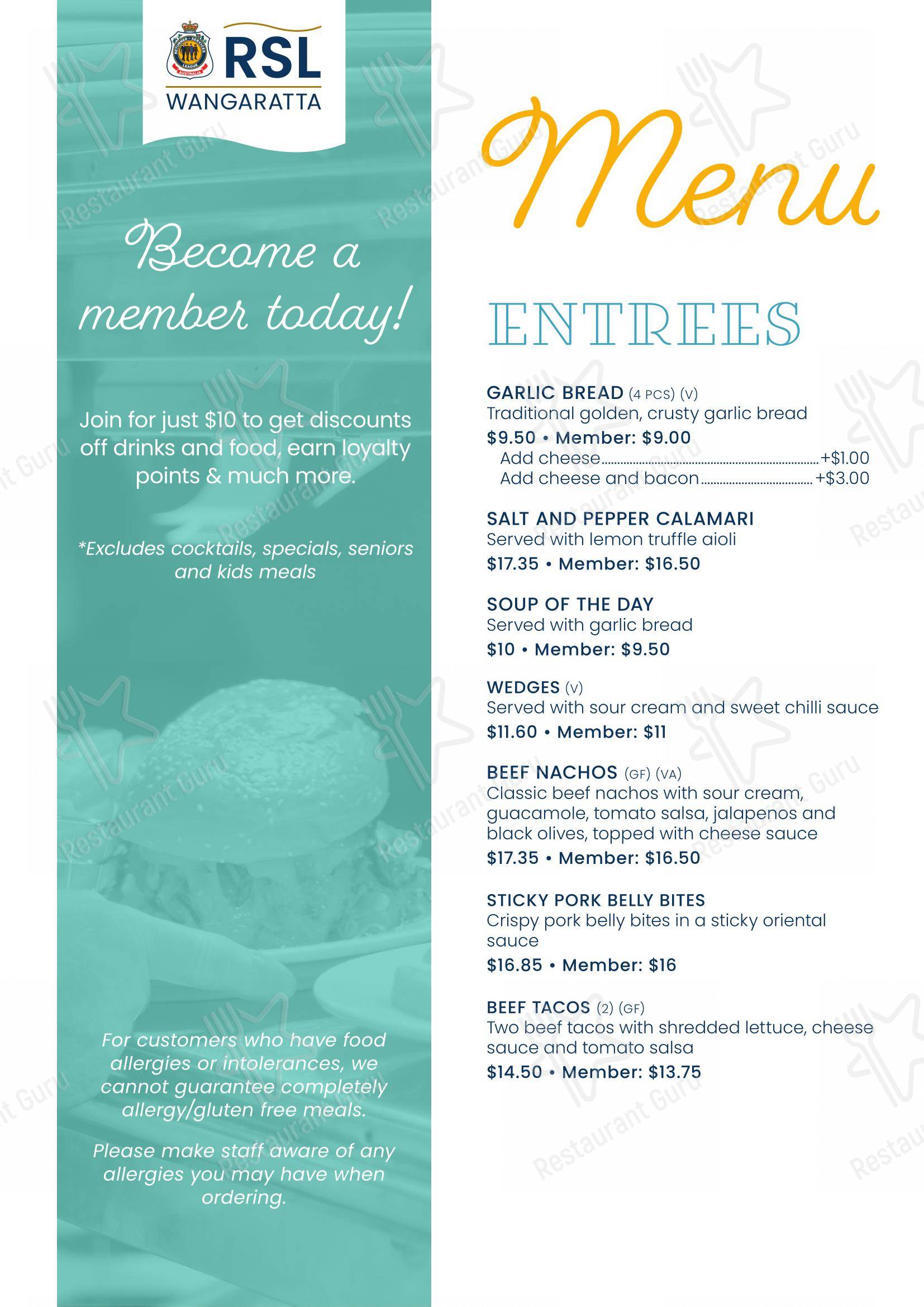 Menu at Wangaratta RSL restaurant, Wangaratta