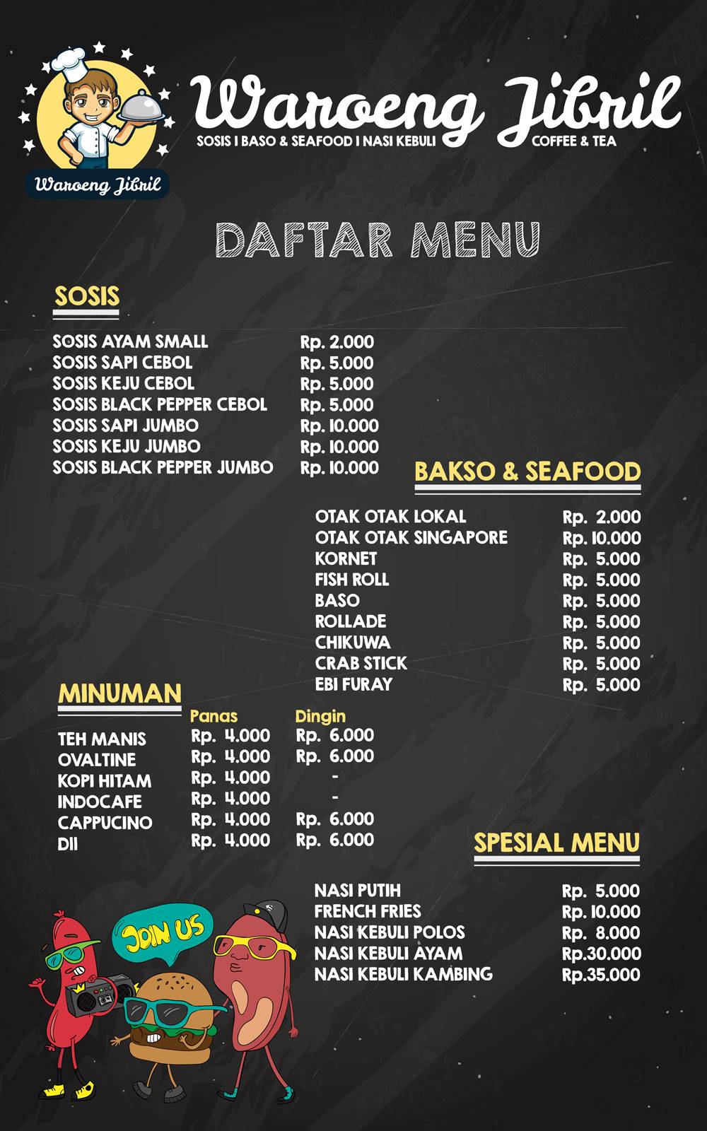 Menu at Waroeng Jibril cafe, South Jakarta