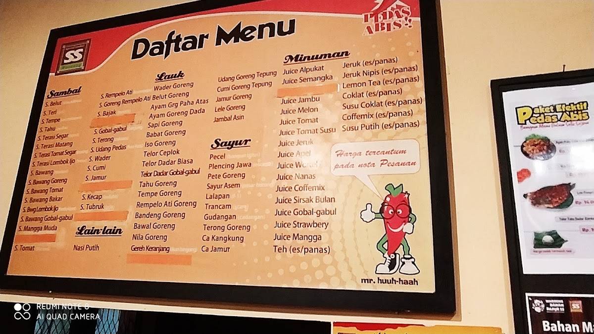 Carta del restaurante Waroeng Spesial Sambal "SS" Arjuna, Surabaya