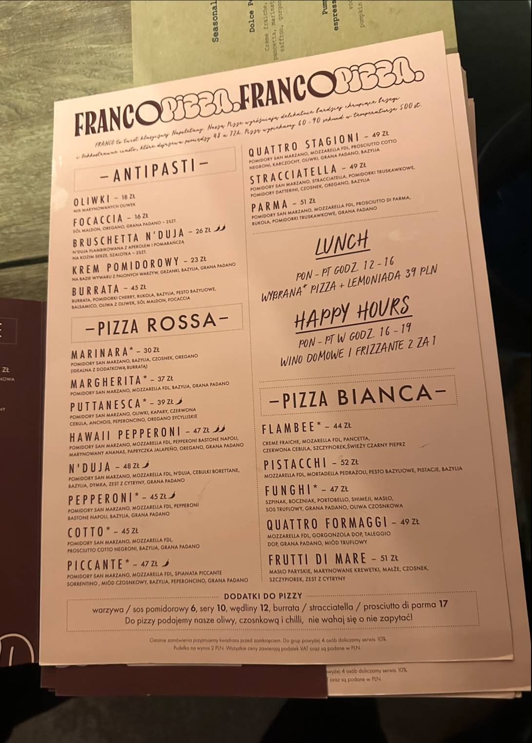 Menu at Franco restaurant, Warsaw