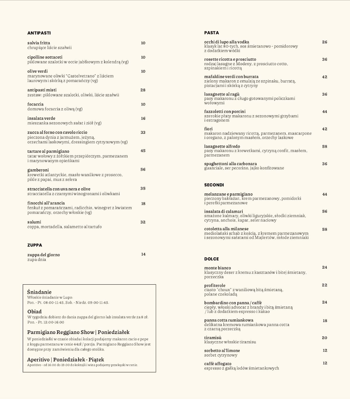 Menu at Lupo Pasta Fresca restaurant, Warsaw