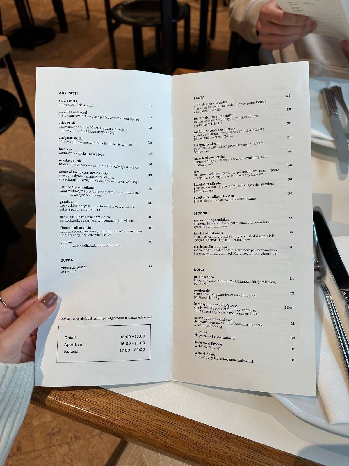 Menu at Lupo Pasta Fresca restaurant, Warsaw