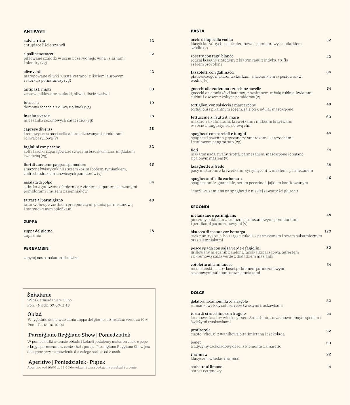 Menu at Lupo Pasta Fresca restaurant, Warsaw