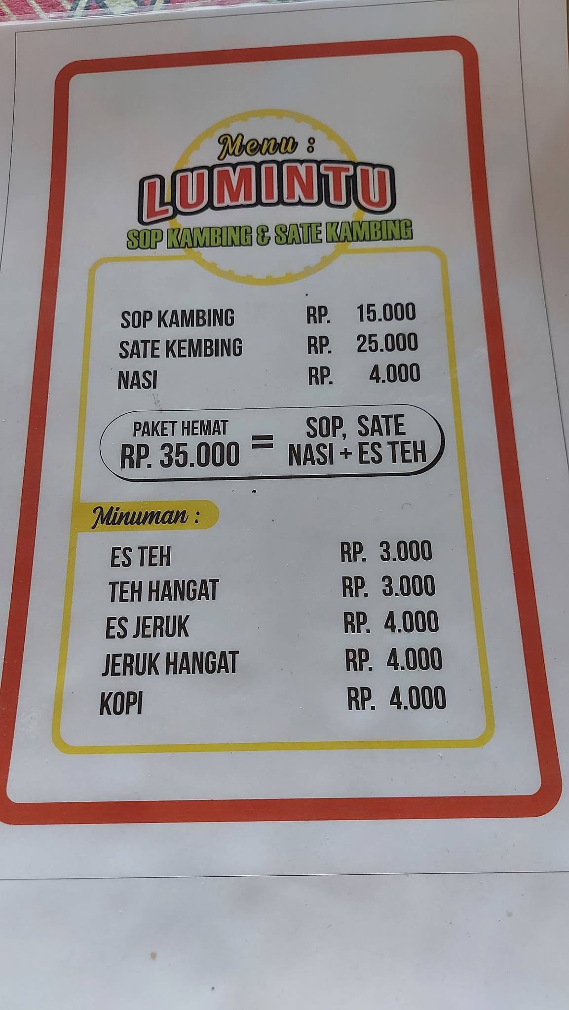 Carta del restaurante Warung LUMINTU SOP KAMBING DAN SATE KAMBING KHAS ...