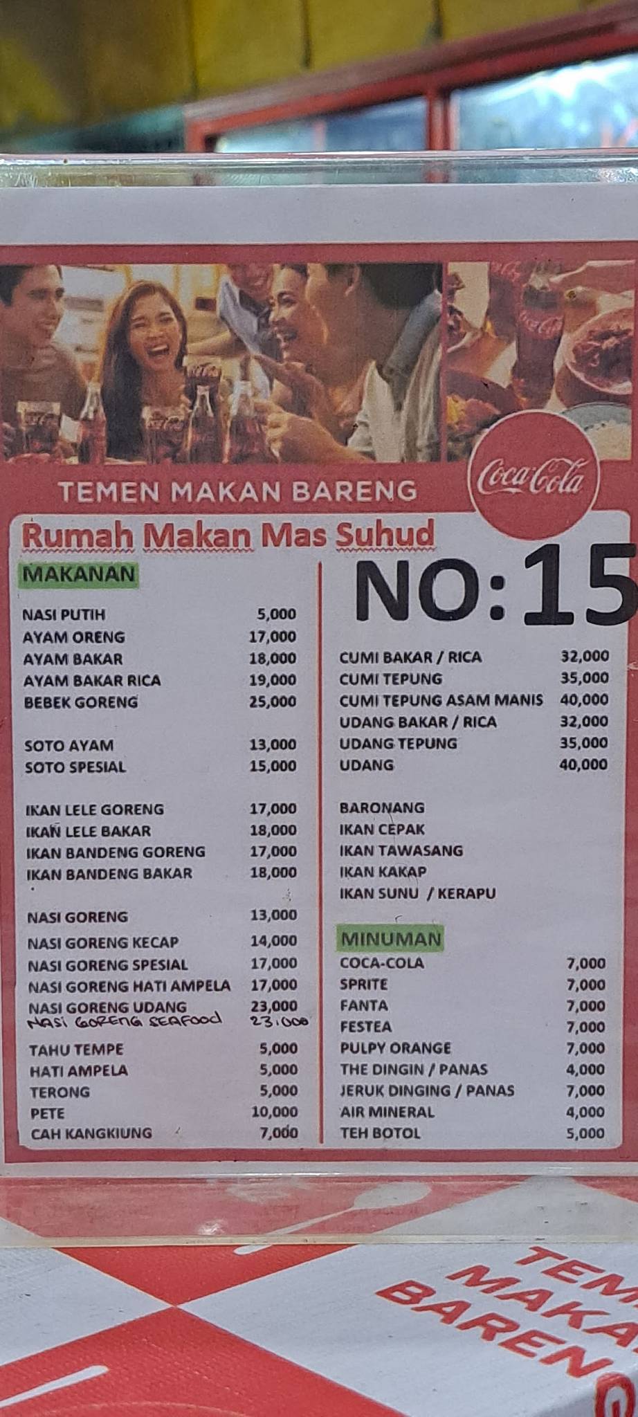 Menu at Warung Lesehan Sari Laut Mas Suhud Surabaya restaurant ...