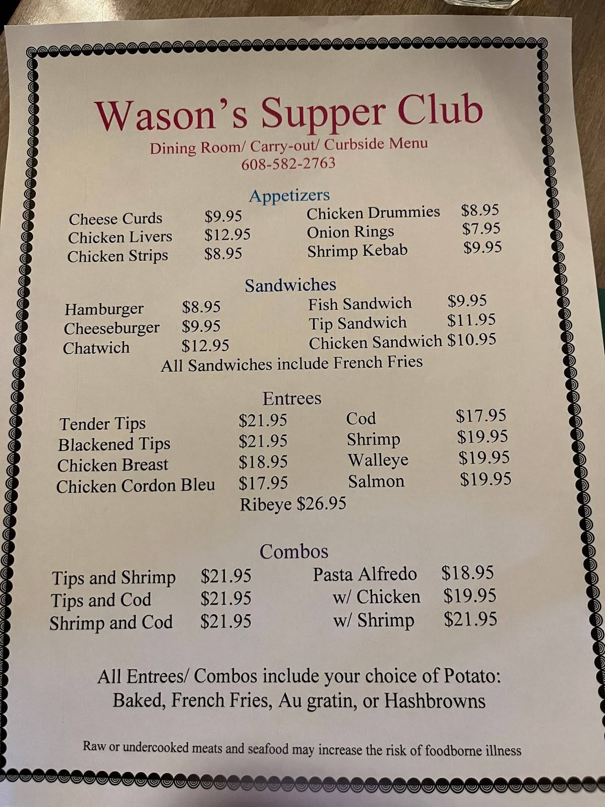 Menu at Wason's Supper Club, Galesville, WI-54