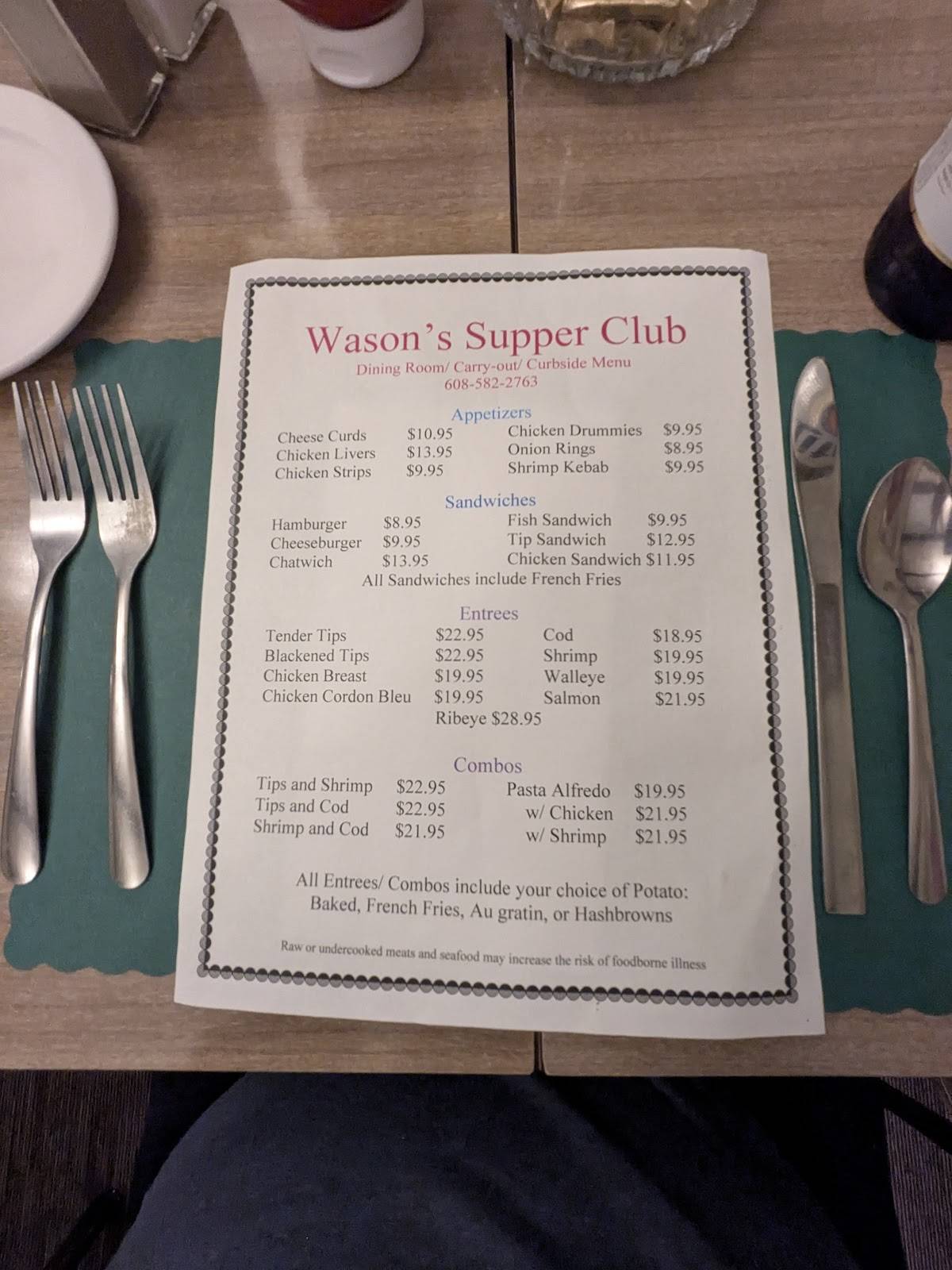 Menu at Wason's Supper Club, Galesville, WI-54