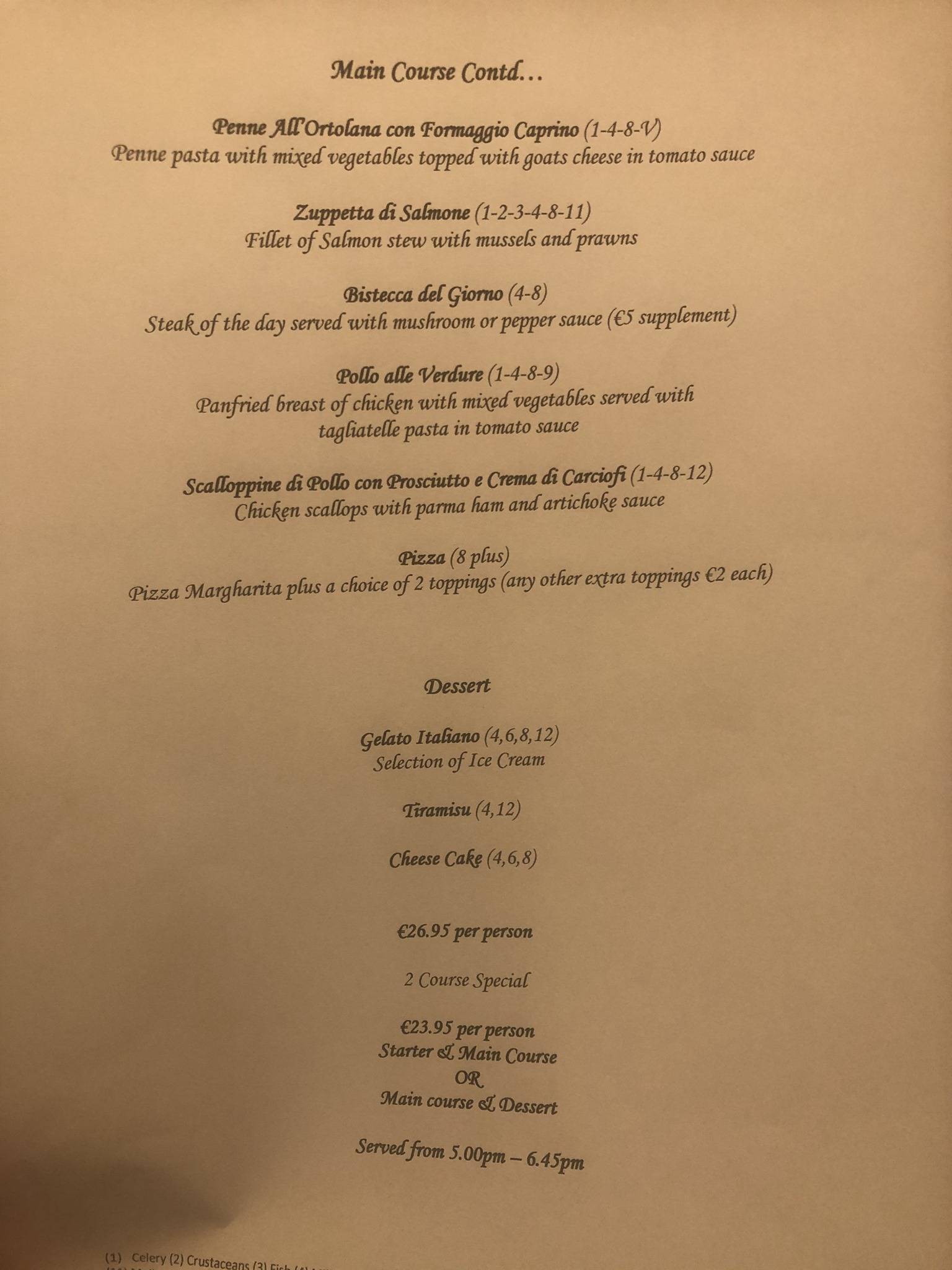 Menu at La Fontana restaurant, Waterford