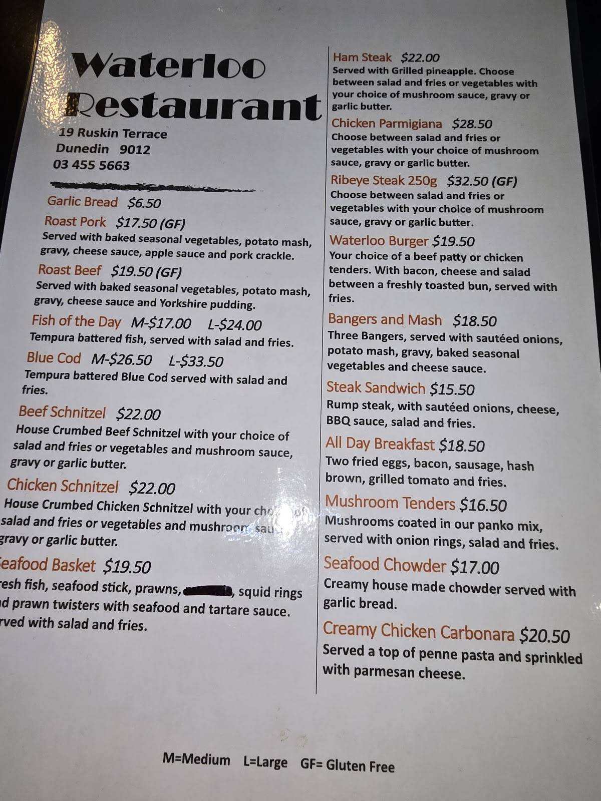 Menu at Waterloo Hotel pub & bar, Dunedin
