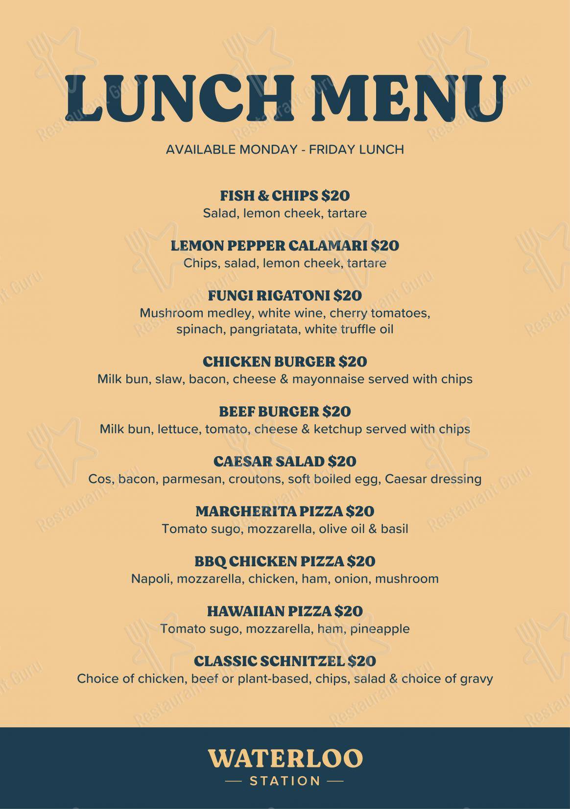 Menu at Waterloo Station Hotel pub & bar, Paralowie