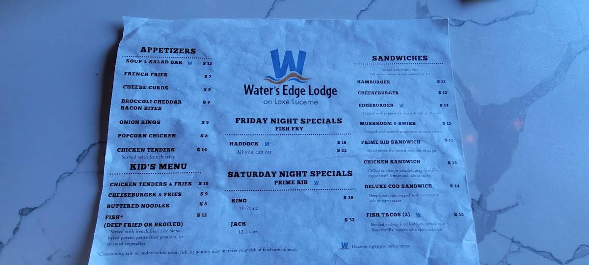 Menu at Waters Edge Lodge restaurant, Crandon, County Hwy W