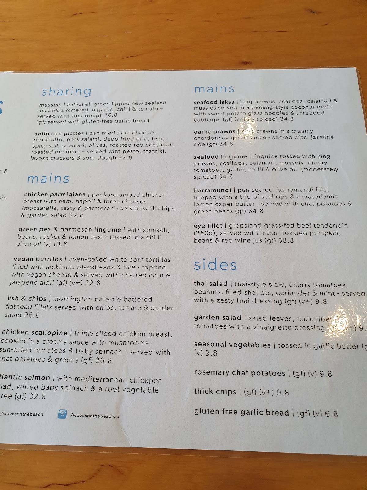 Menu at Waves on the Beach Restaurant, Frankston