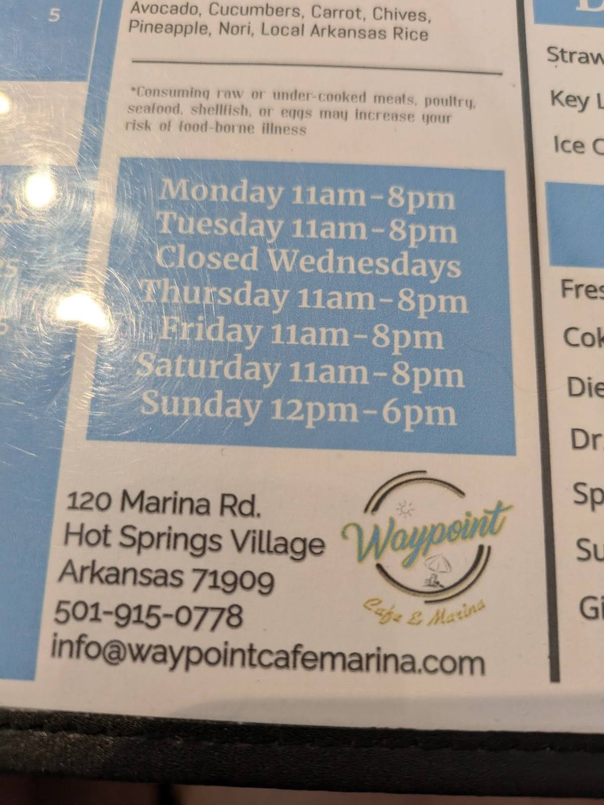 Menu at Waypoint Cafe & Marina, Hot Springs Village