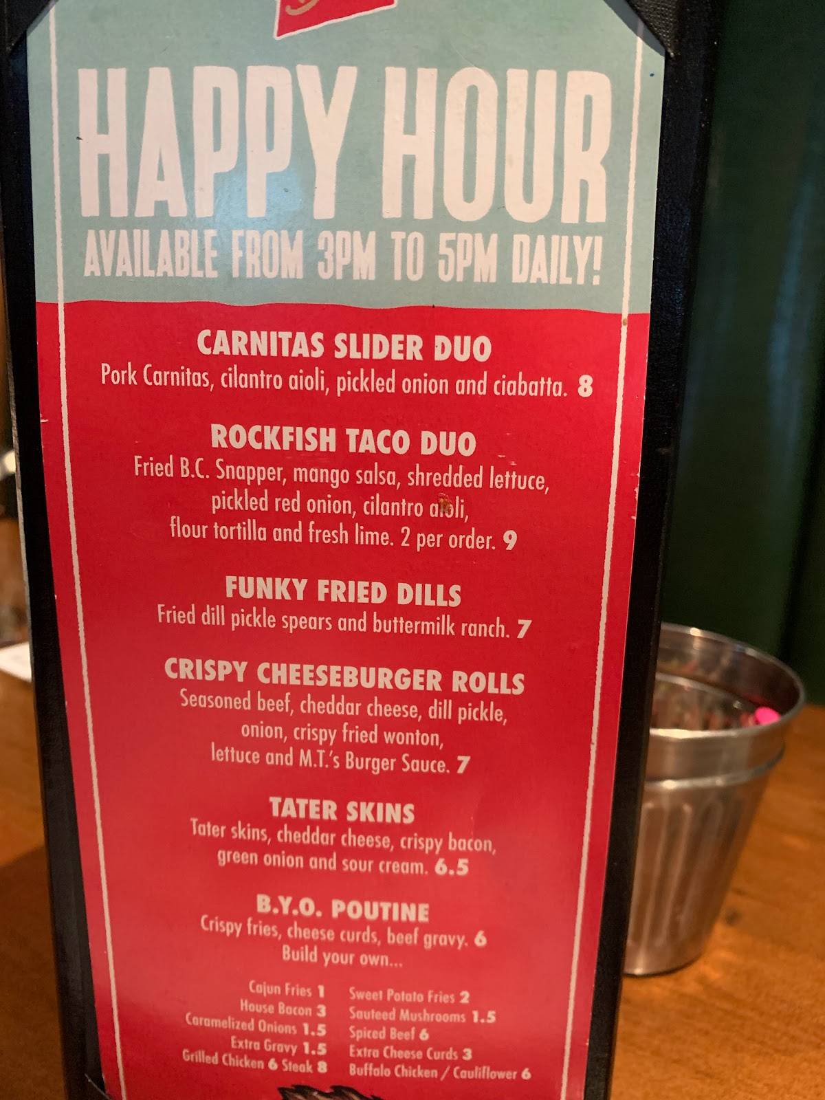 Menu at M.T. Bellies restaurant, Welland
