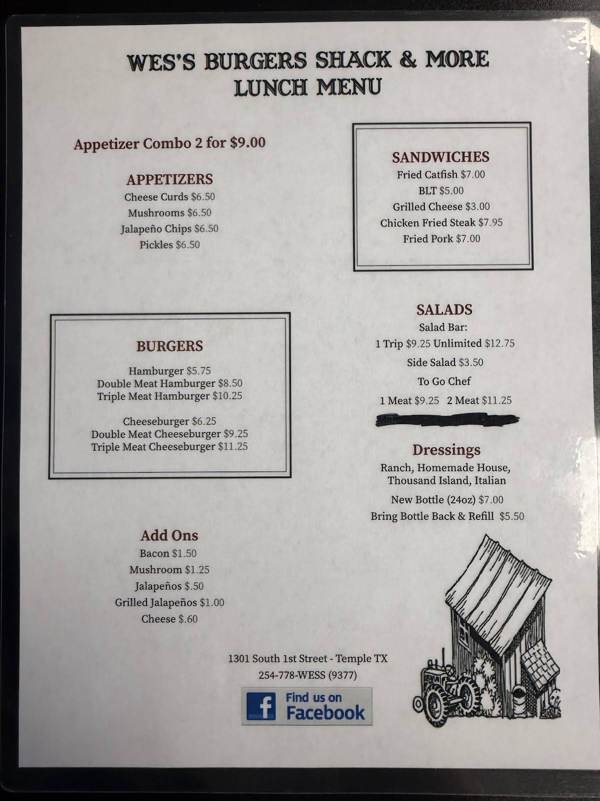 Menu at Wes's Burger Shack restaurant, Temple, S 1st St