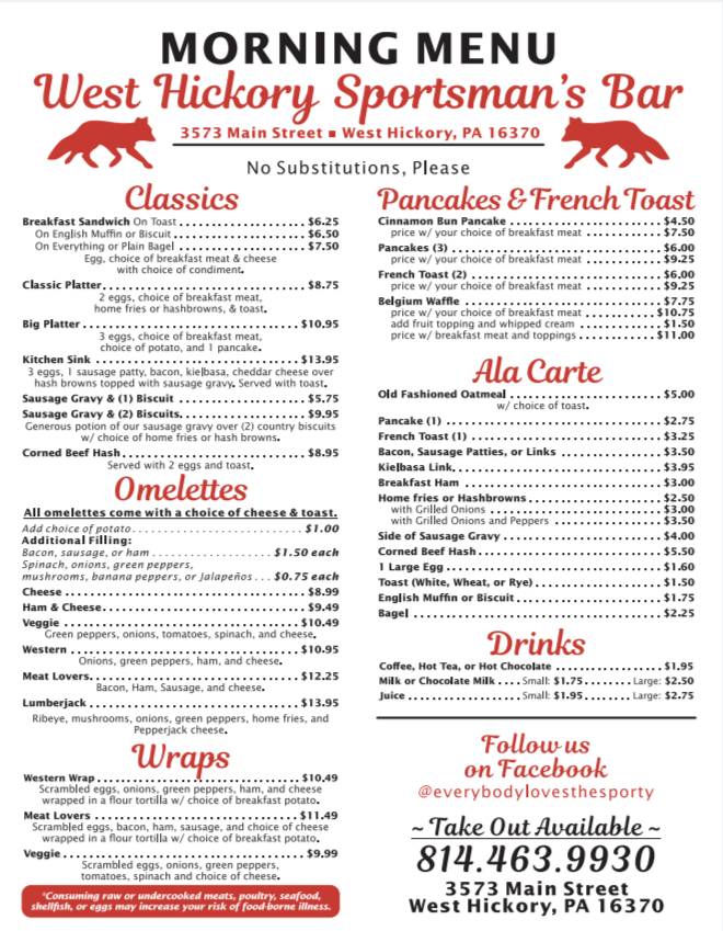 Menu at West Hickory Sportsman's Bar, West Hickory