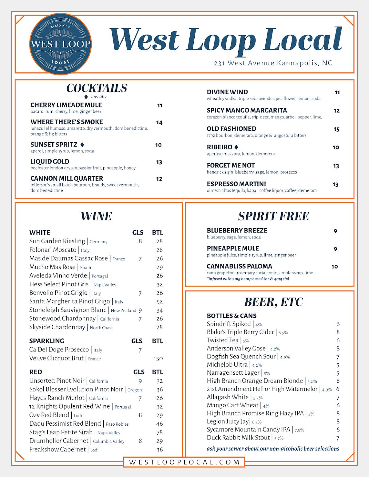 Menu at West Loop Local pub & bar, Kannapolis