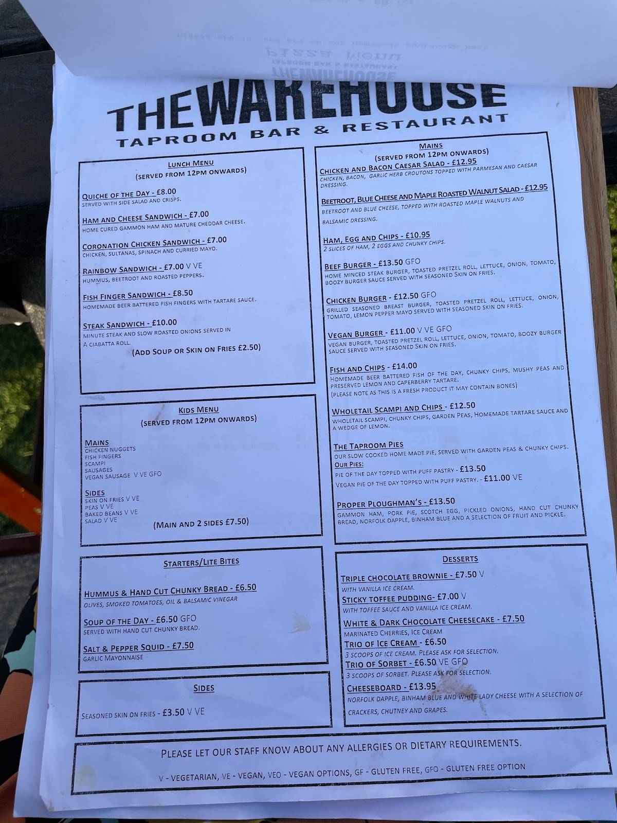 Menu at The Warehouse Taproom, Bar & Restaurant, West Winch