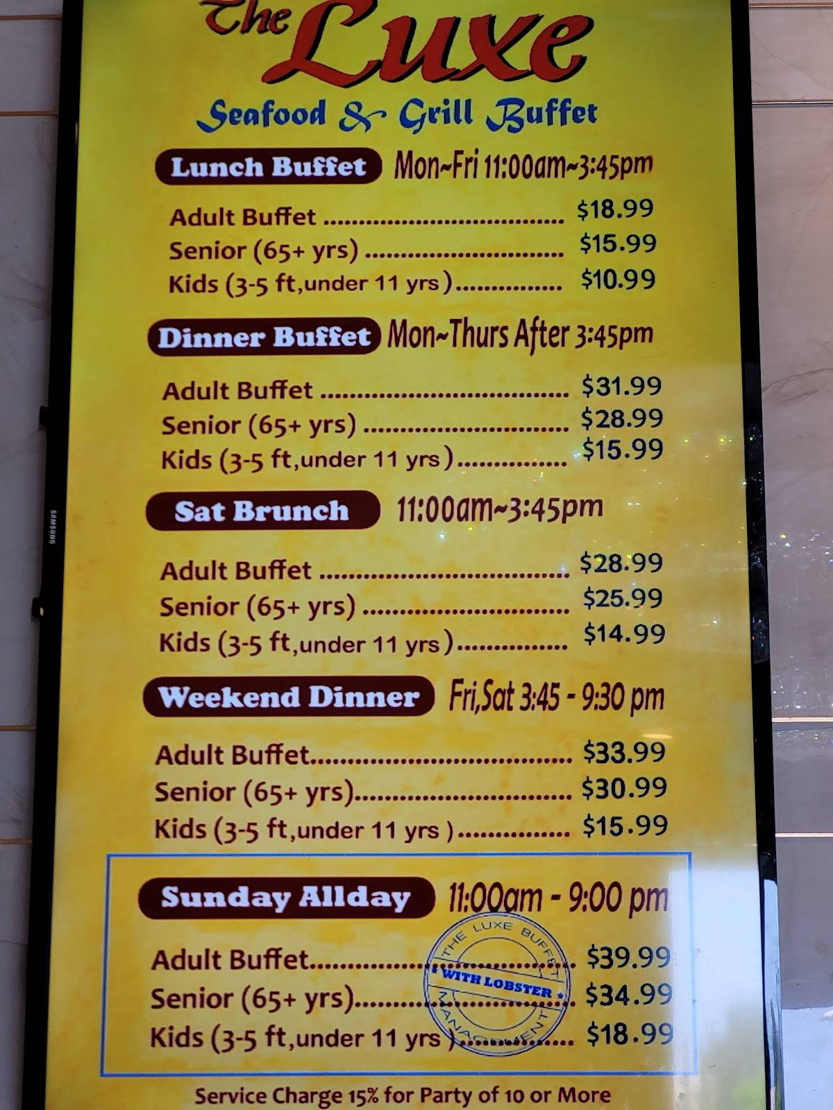Menu at The Luxe Buffet restaurant, Westminster, Westminster Mall