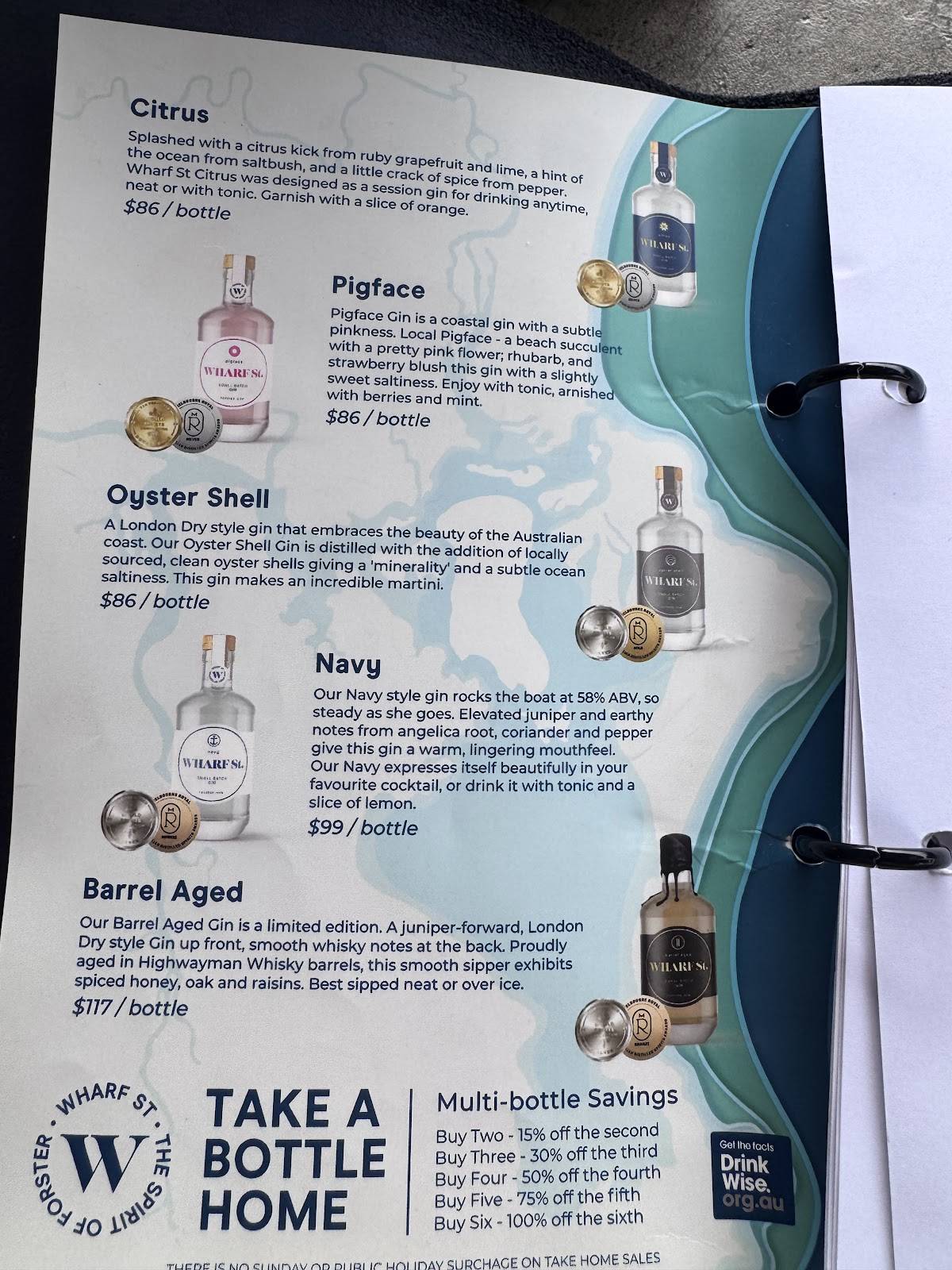 Menu at Wharf St. Distillery Restaurant, Forster