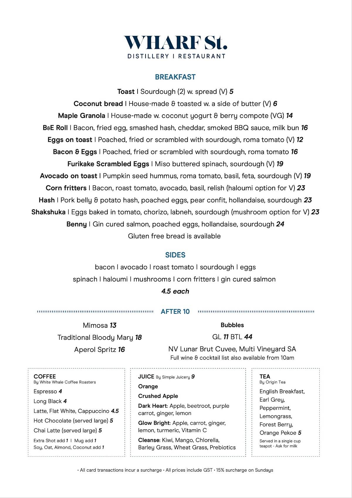 Menu at Wharf St. Distillery Restaurant, Forster