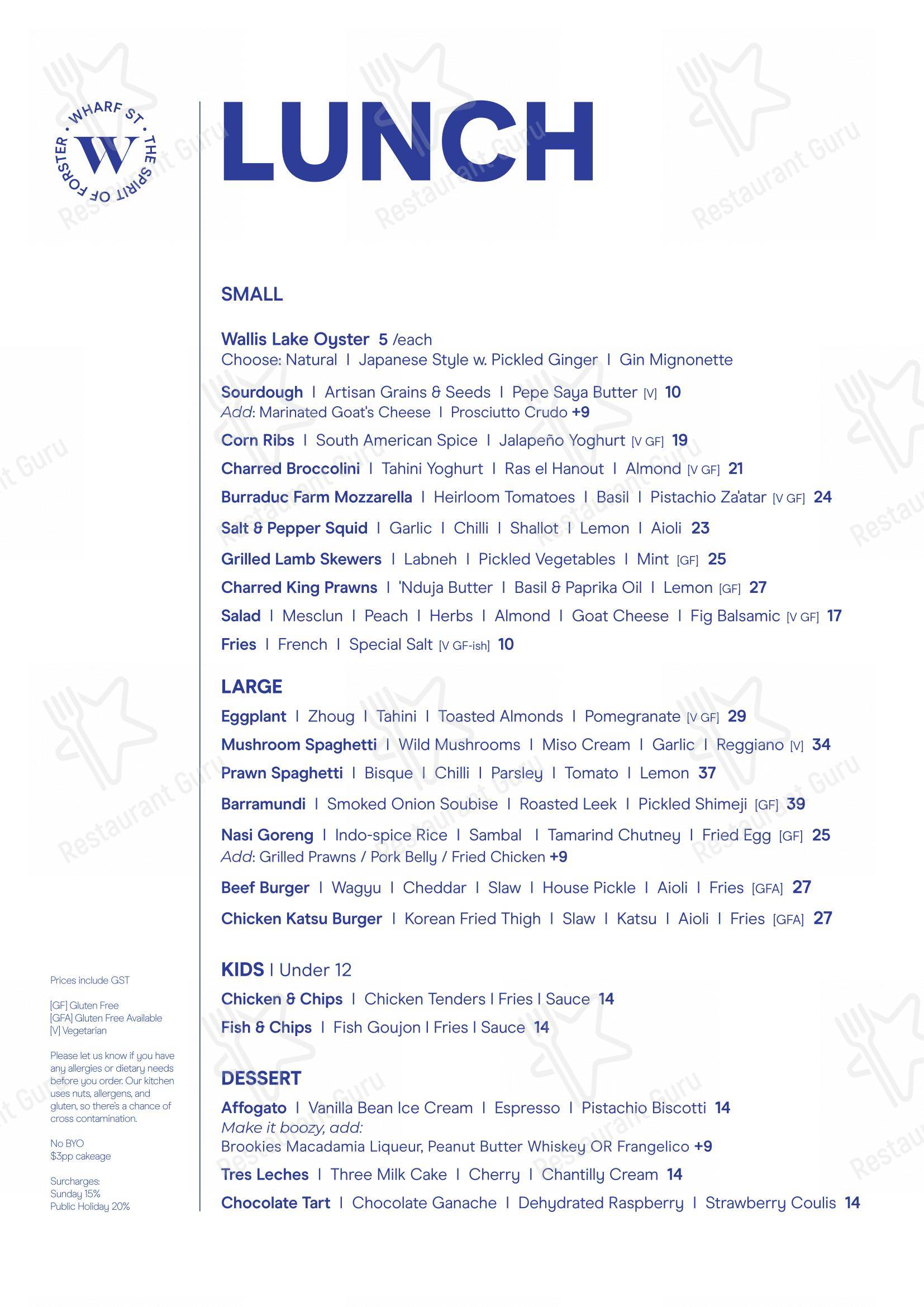 Menu at Wharf St. Distillery Restaurant, Forster