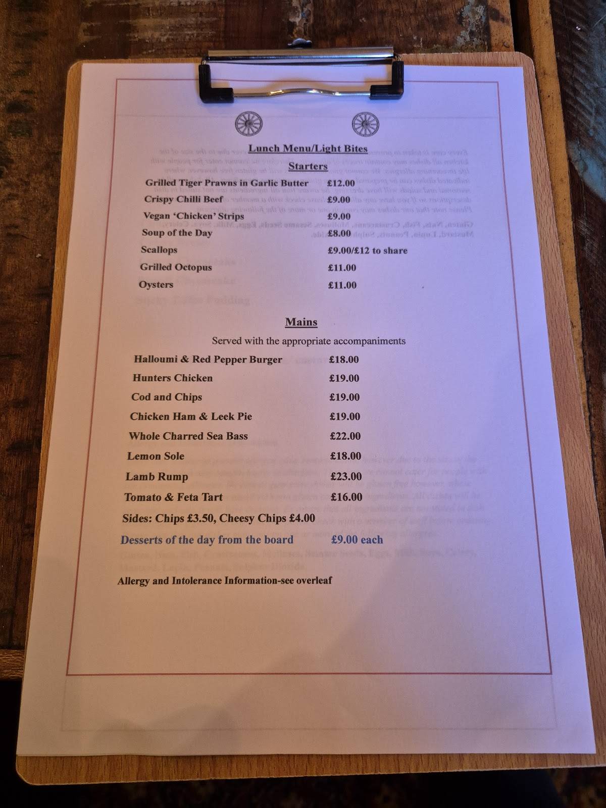 Menu at Wheel Inn pub & bar, Ashford, Westwell Lane
