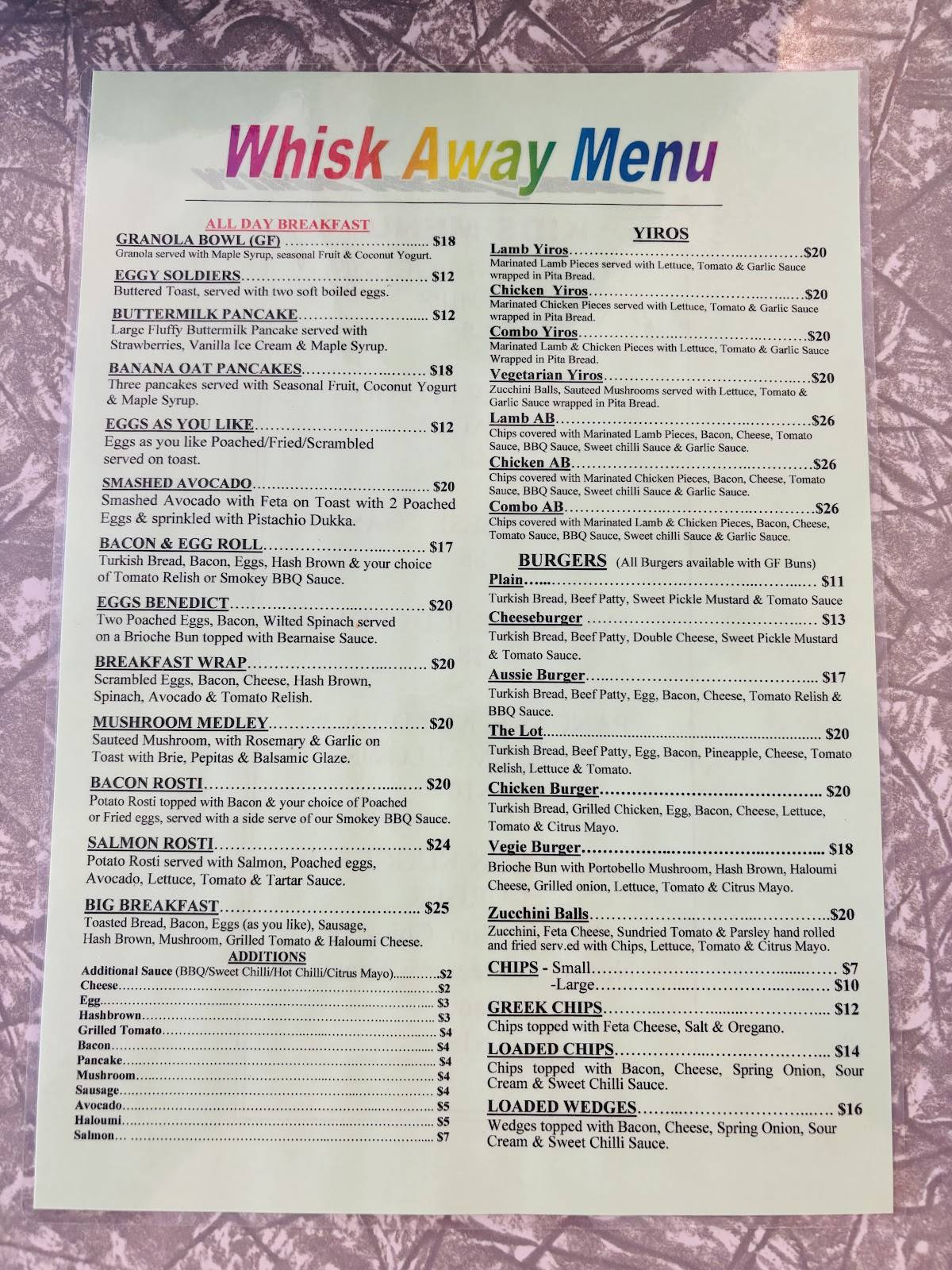 Menu at Whisk Away cafe, Whyalla