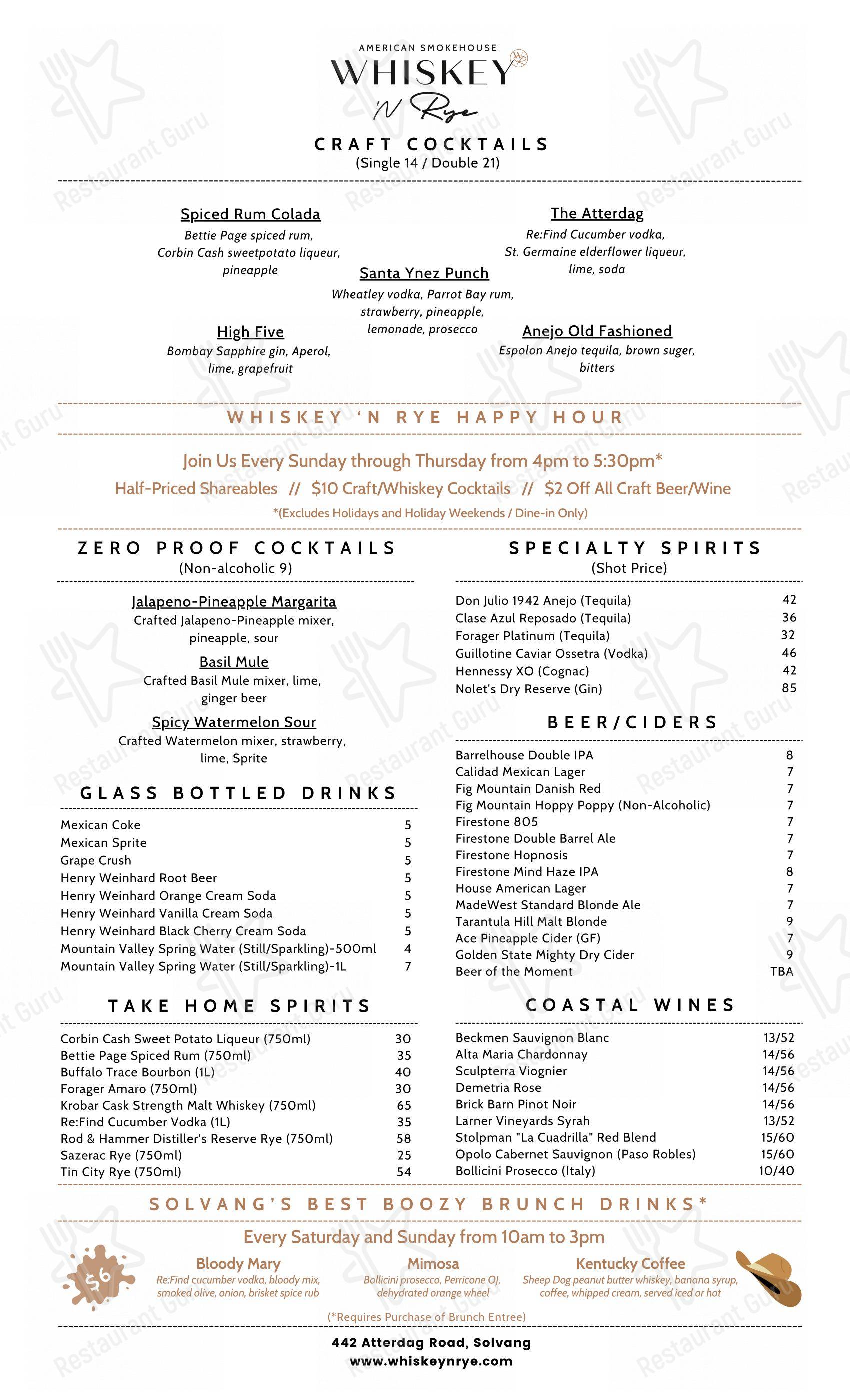 Menu at Whiskey 'N Rye Smokehouse restaurant, Solvang