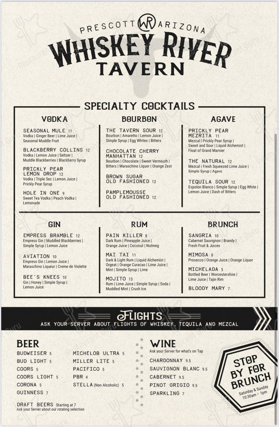 Menu at Whiskey River Tavern restaurant, Prescott
