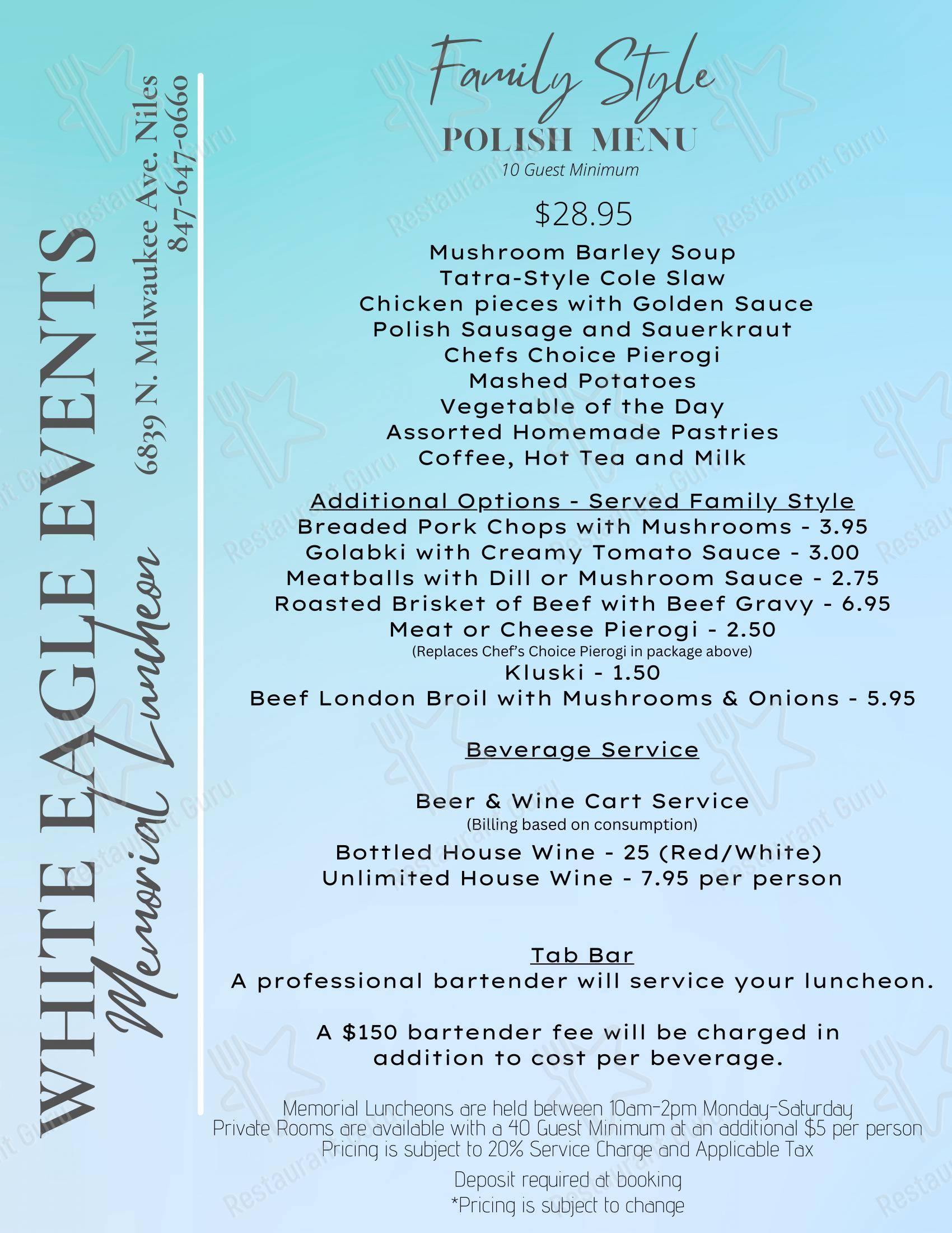 Menu at White Eagle Deli & Bakery, Niles
