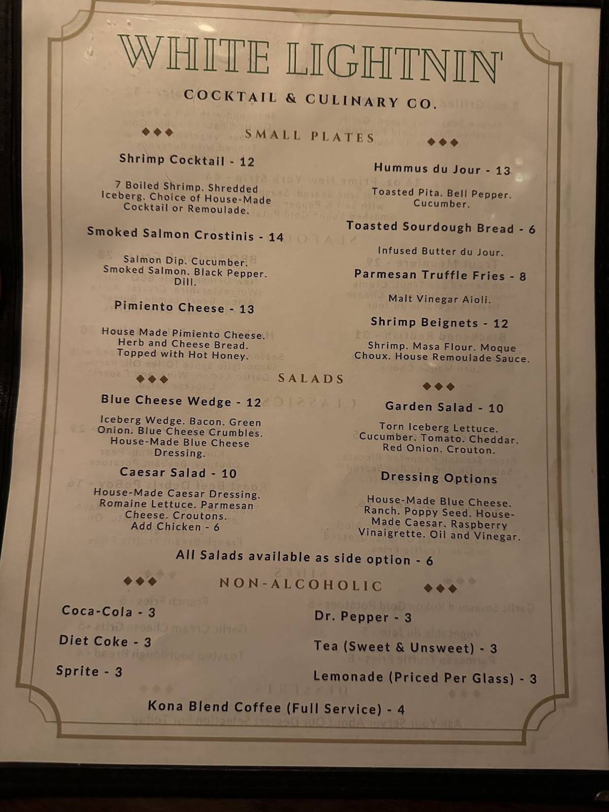 Menu at White Lightnin’ Cocktail and Culinary Company pub & bar, Ruston