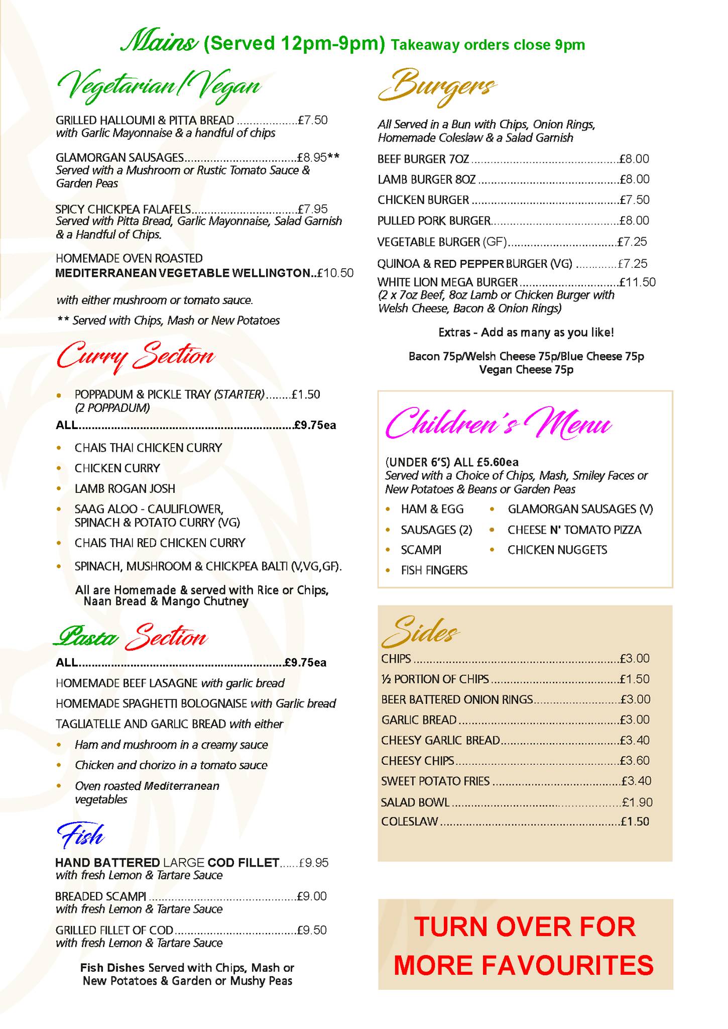 Menu at White Lion Hotel pub & bar, Machynlleth