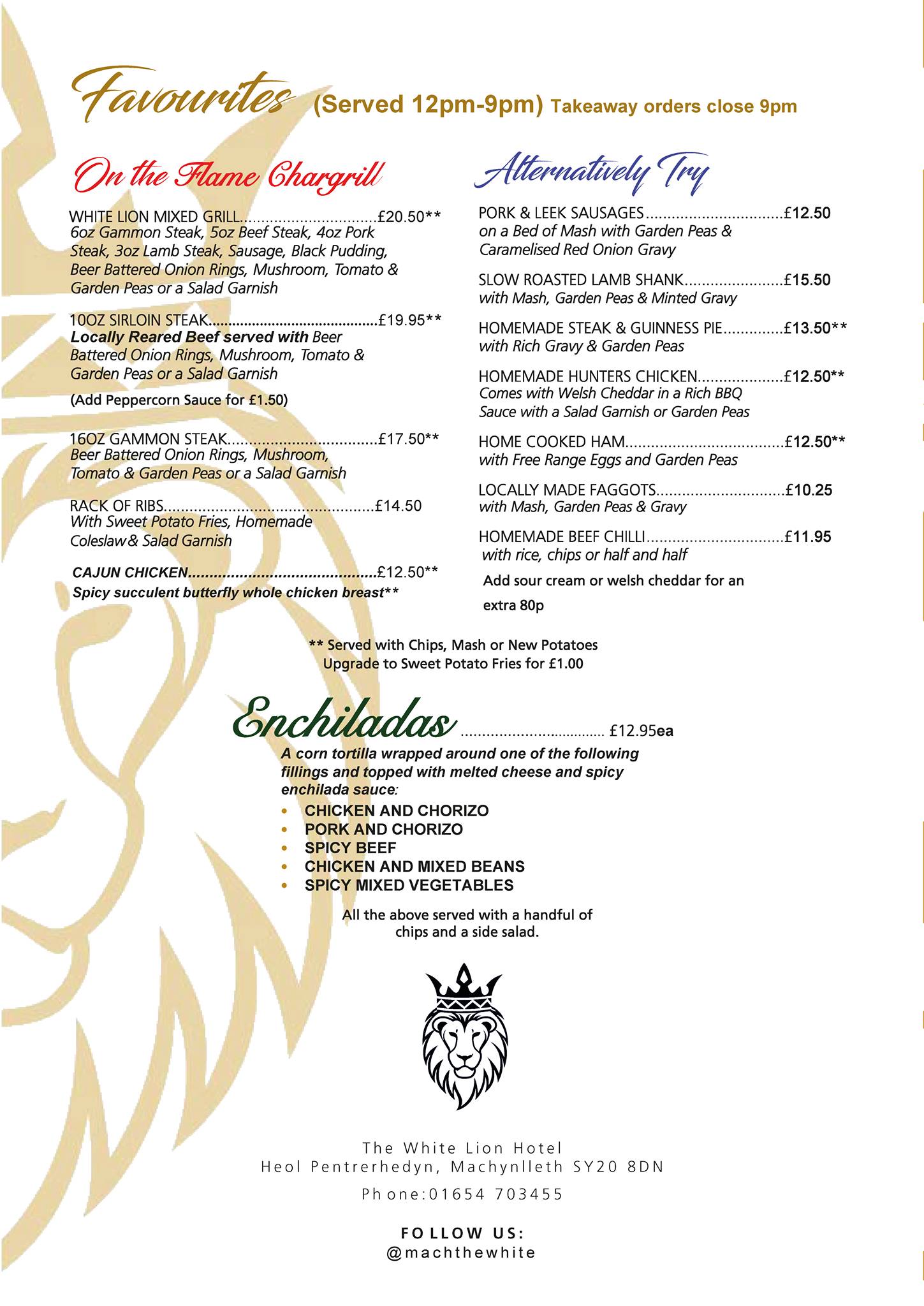 Menu at White Lion Hotel pub & bar, Machynlleth