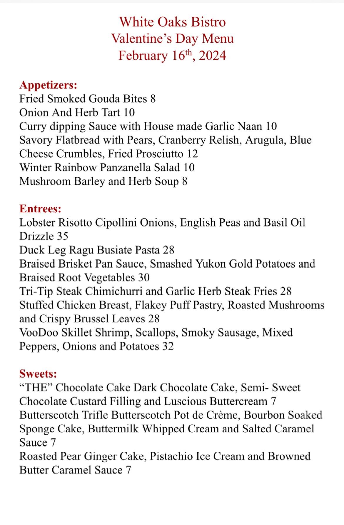 Menu at White Oaks Bistro restaurant, Dahlonega