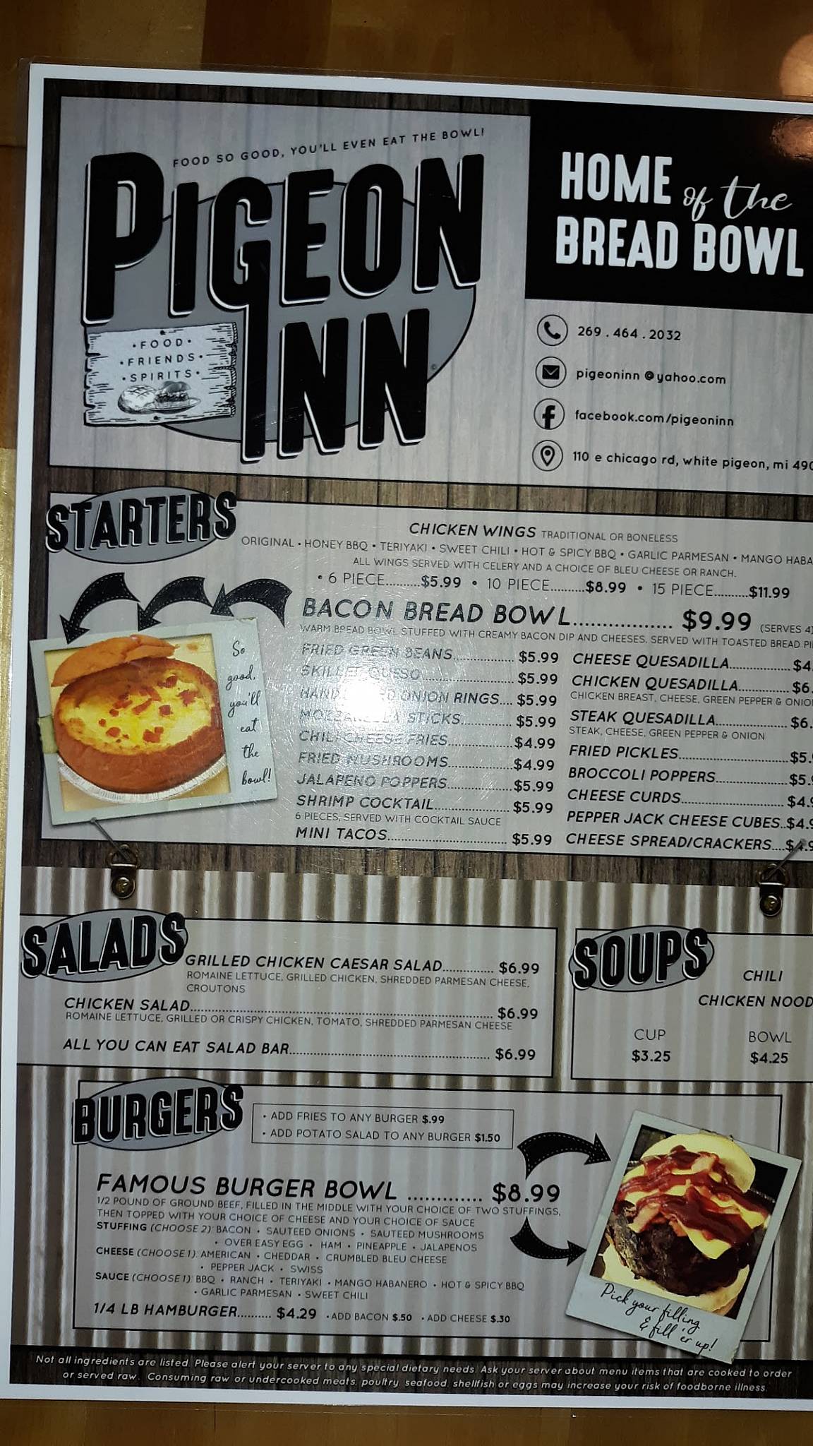 Menu at White Pigeon Inn pub & bar, White Pigeon