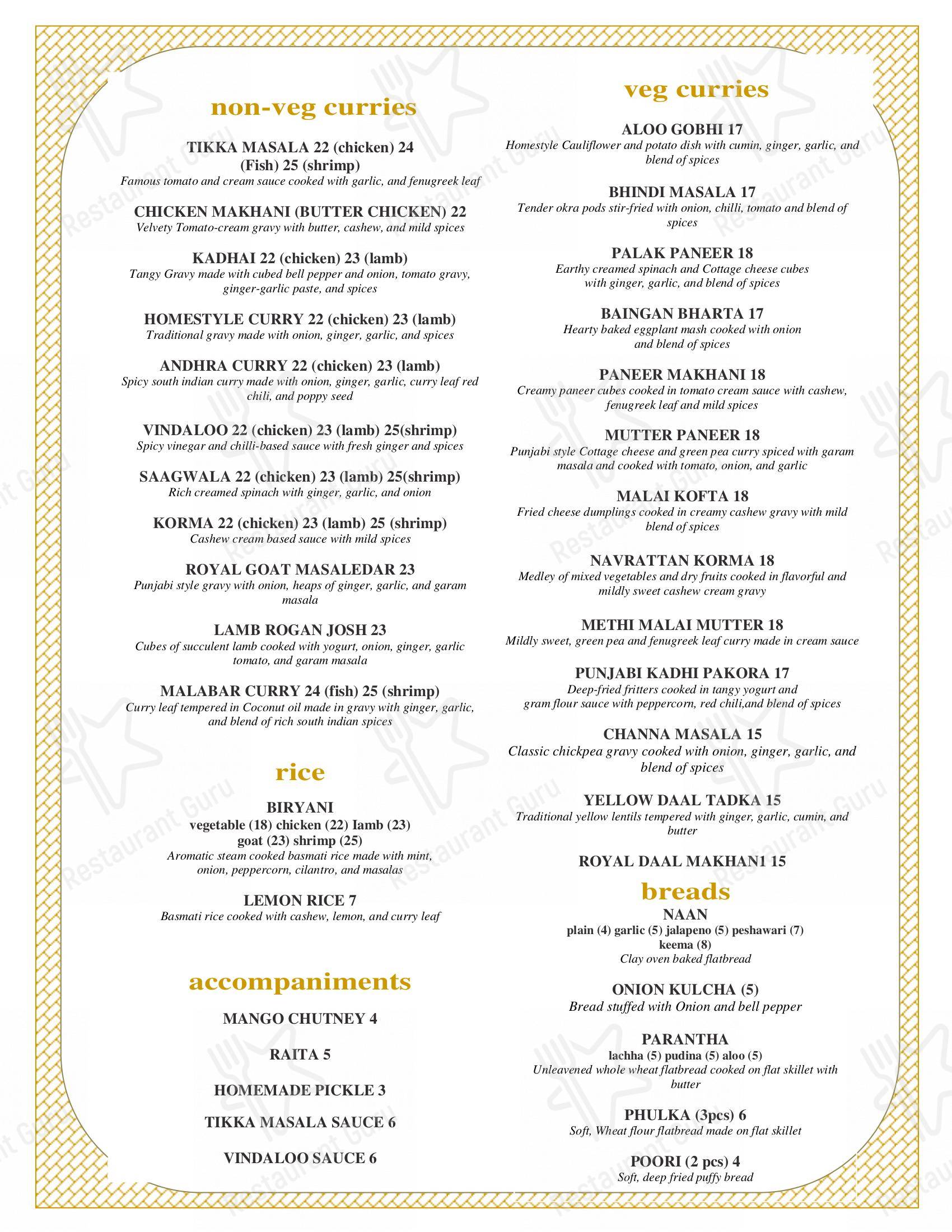 Menu at Royal Palace restaurant, White Plains