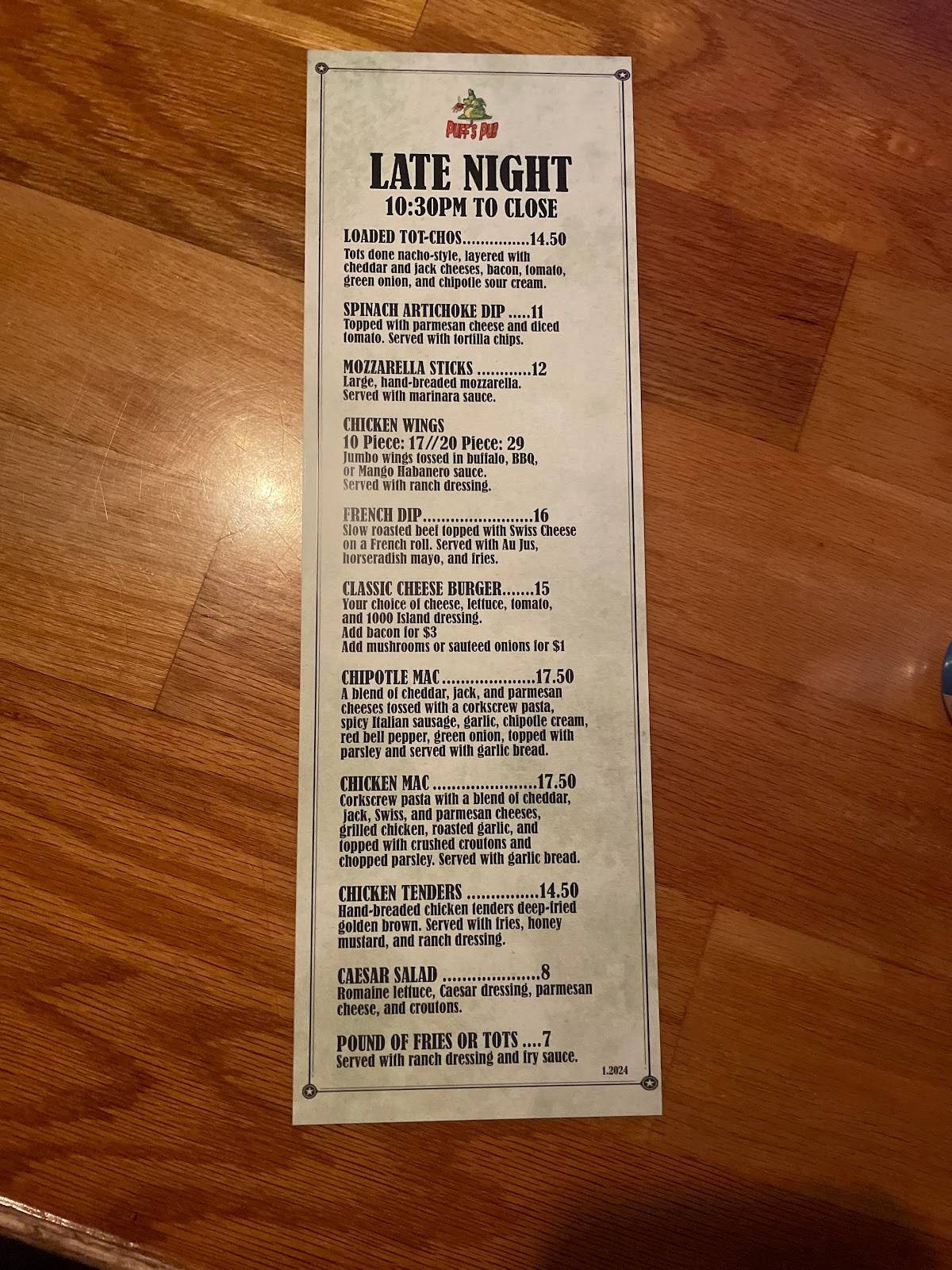 Menu at Wichita Puff's Pub, Gresham