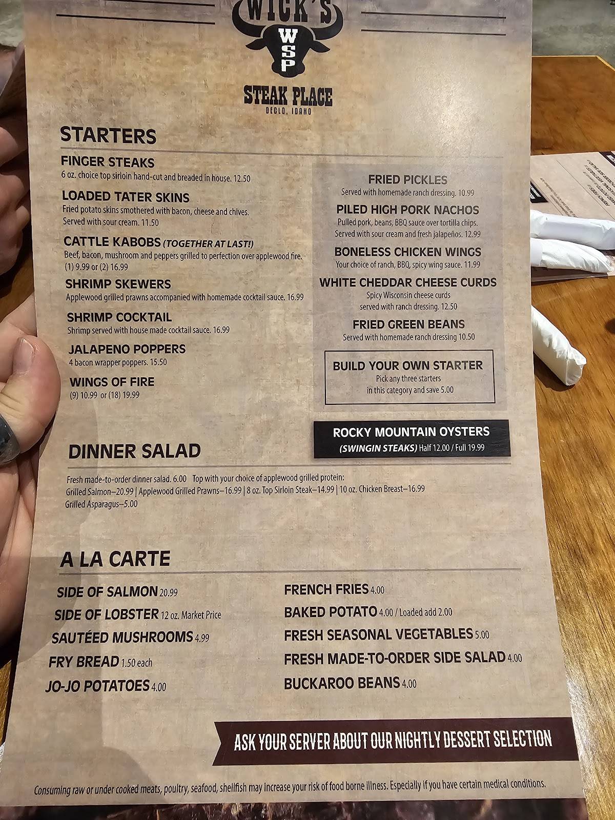 Menu at Wick's Steakhouse, Declo