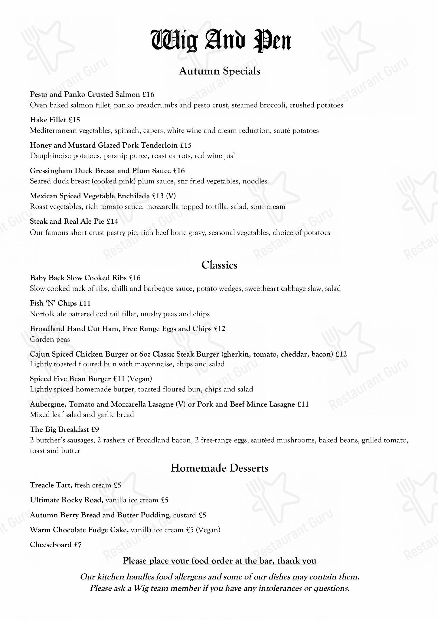 Menu at Wig & Pen pub & bar, Norwich